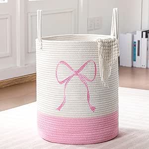 Amazon.com: Honeydak Coquette Pink Bow Laundry Hamper Tall Cotton Rope ...