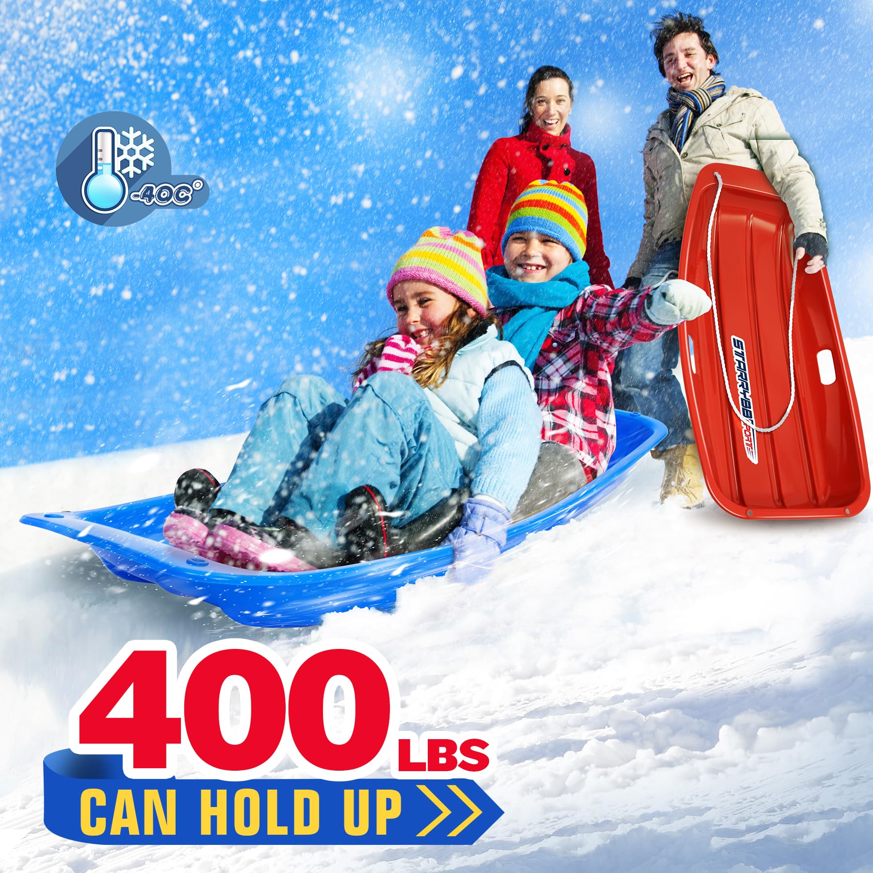 Snow Sled - 2 Pack Classic Sleds for Kids and Adults Flexible Toboggan ...