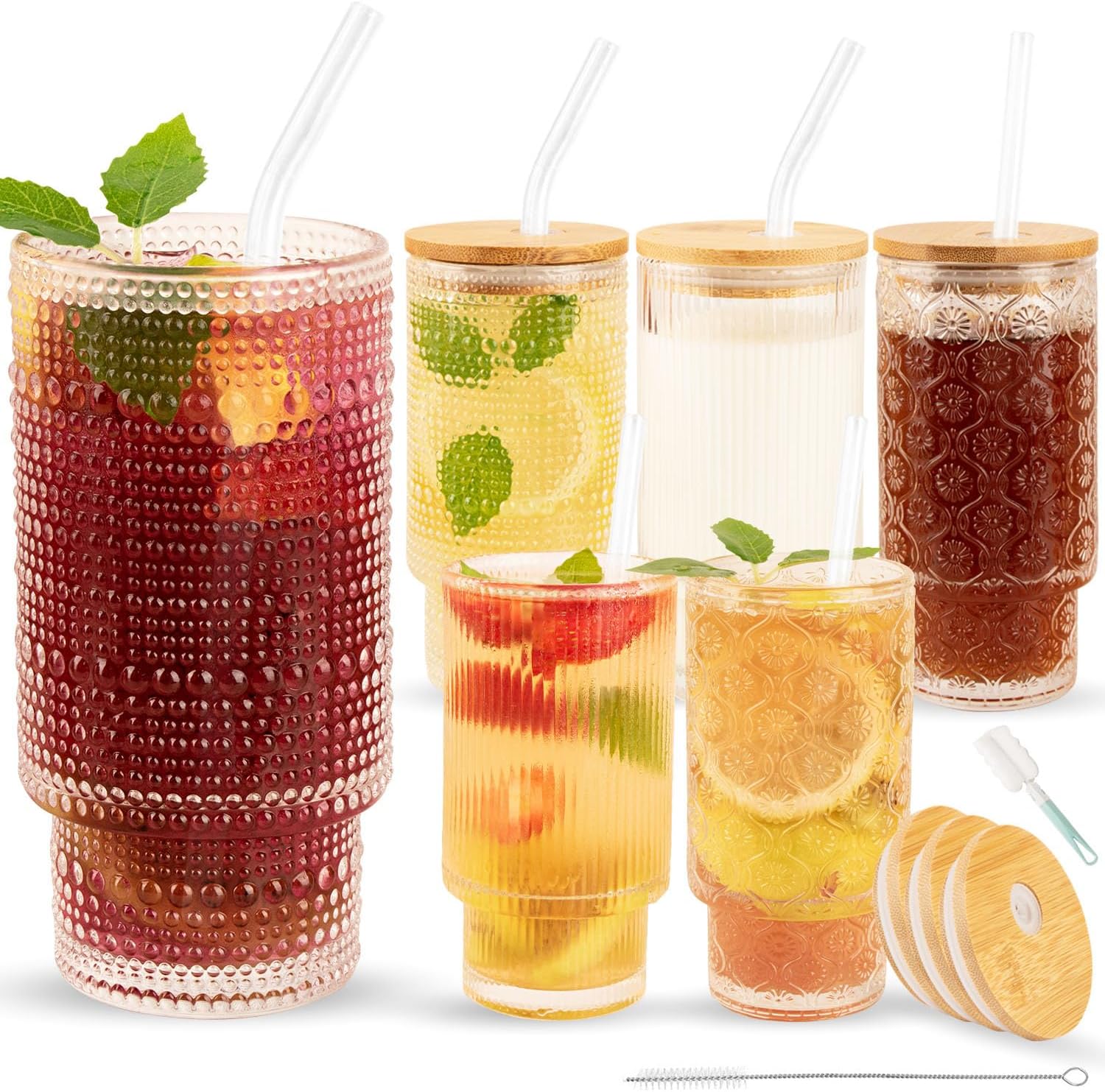 Amazon.com | SogYupk 6 Pcs Glass Cups Set with Straw/Bamboo Lid,12 oz ...