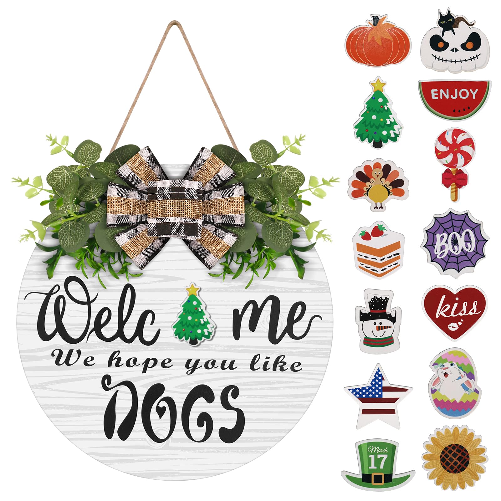 Interchangeable Wooden Seasonal Welcome Sign, Rustic Round Dogs Sign ...