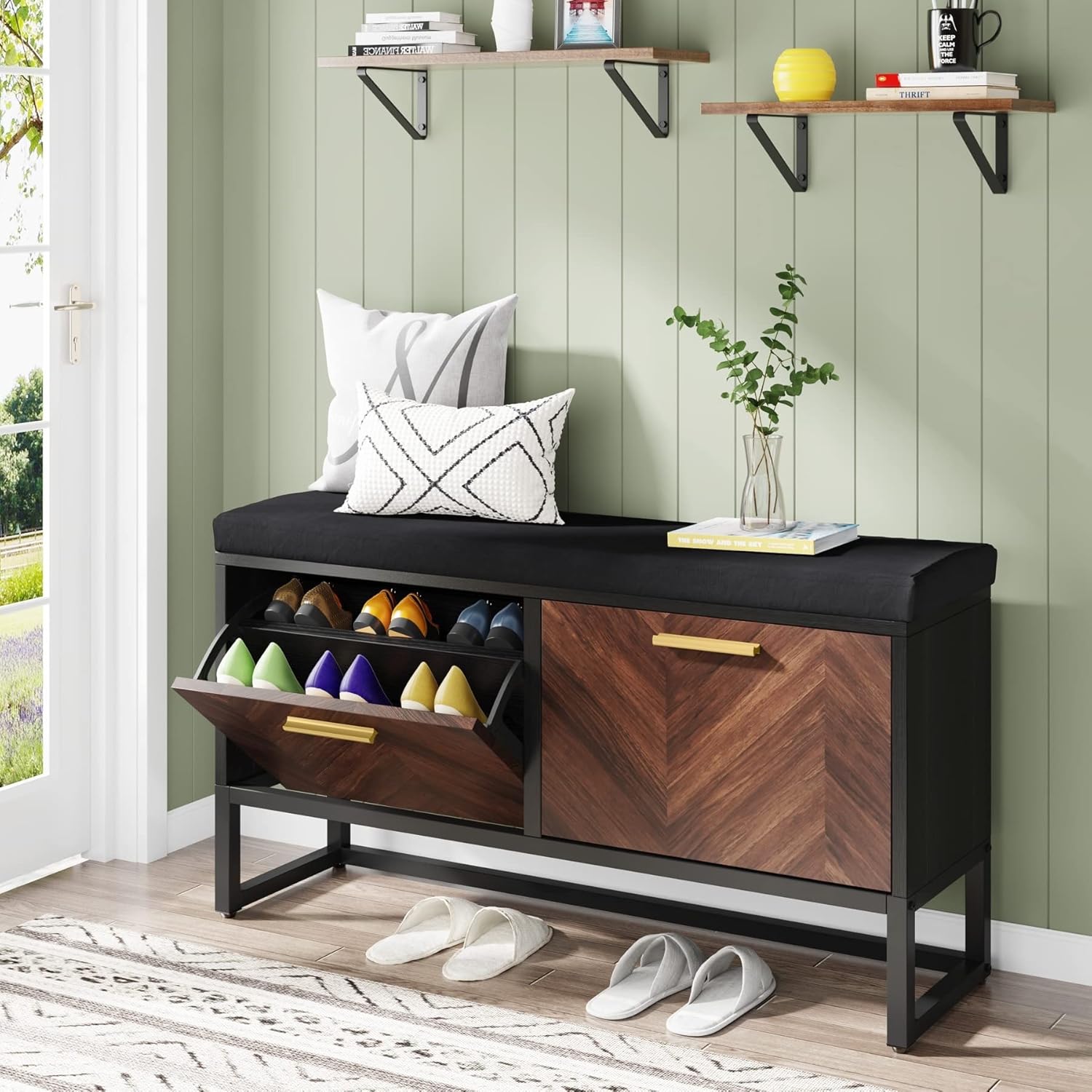 Amazon.com: Shoe Storage Bench with Cushion Entryway 2 Flip Drawers ...