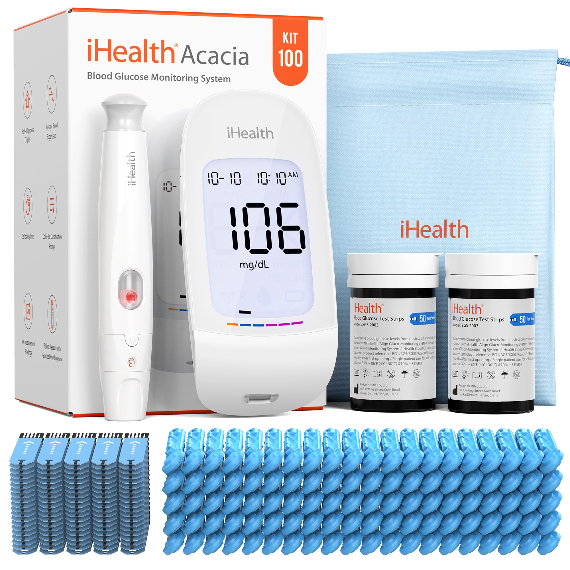 Amazon.com: iHealth Acacia Blood Glucose Monitor Kit, 100 Glucometer ...