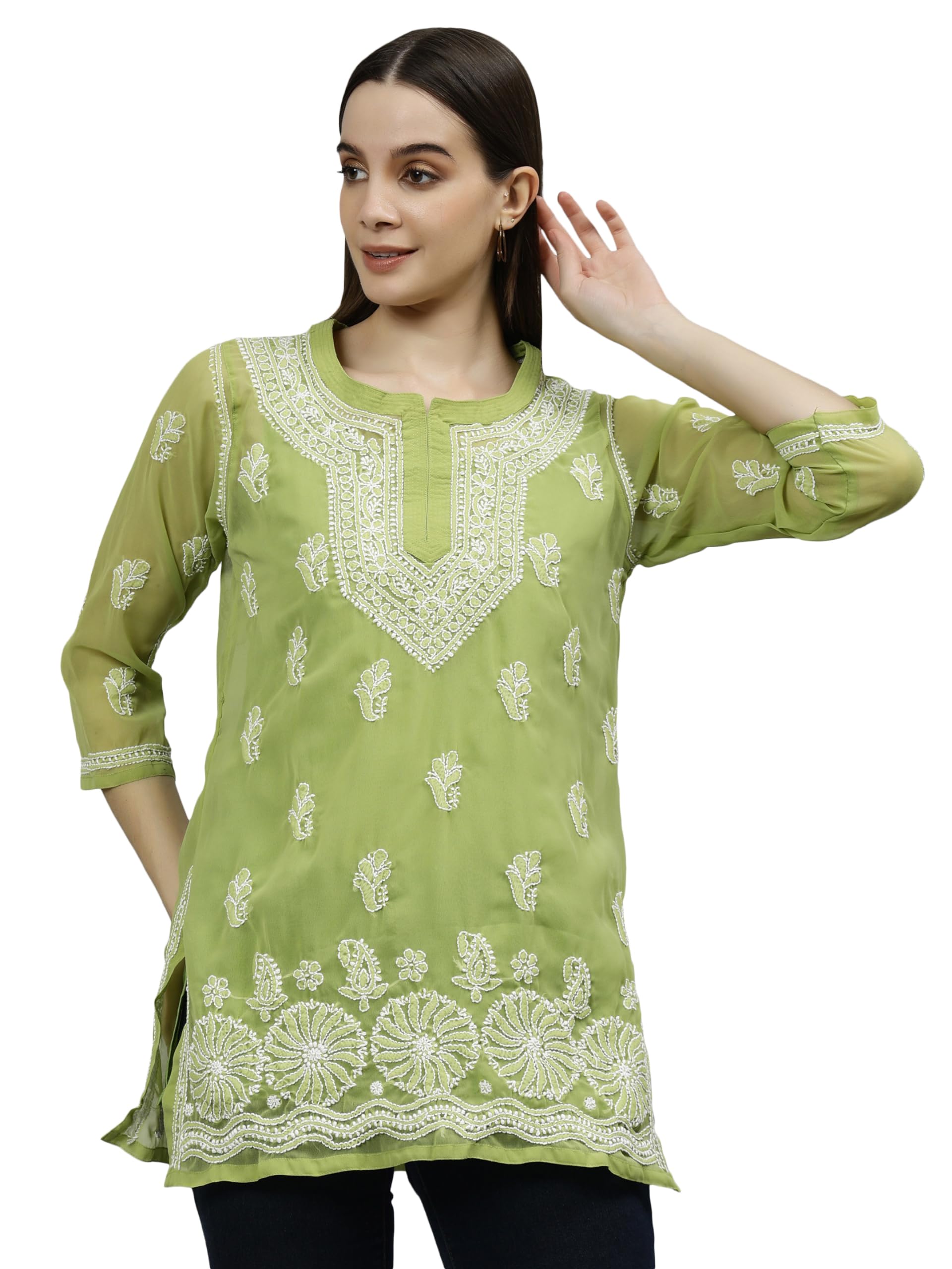 Seva Chikan Hand Embroidered Lucknowi Chikankari Green Georgette Women ...