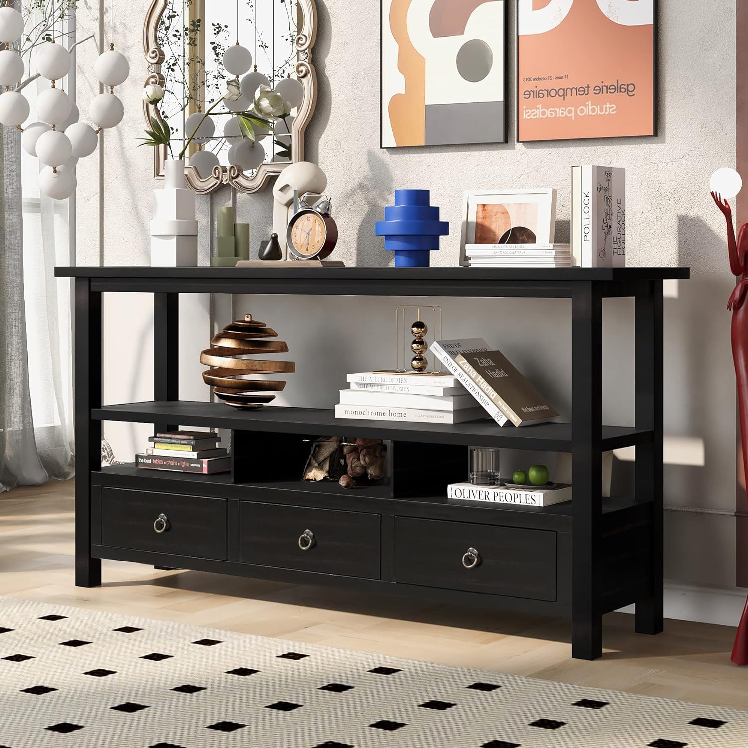 Amazon.com: Polibi Rustic Solid Console Table with 3 Storage Drawers ...