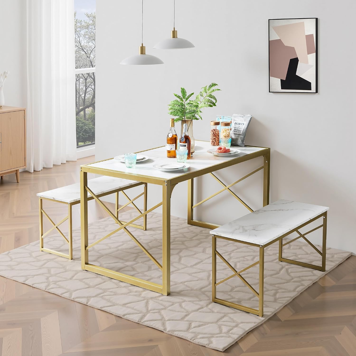 Amazon.com - VECELO Kitchen Dining Table Benches Set for 4, 55" Wooden ...