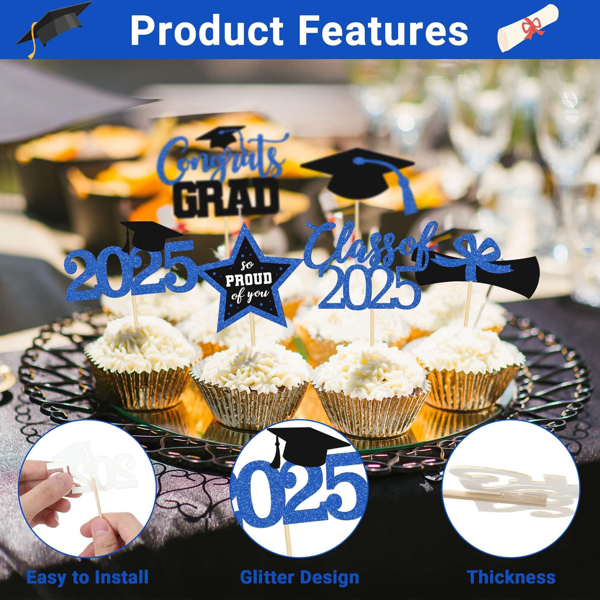 Snapklik.com : 48 PCS Graduation Cupcake Toppers 2025, 6 Style Black ...