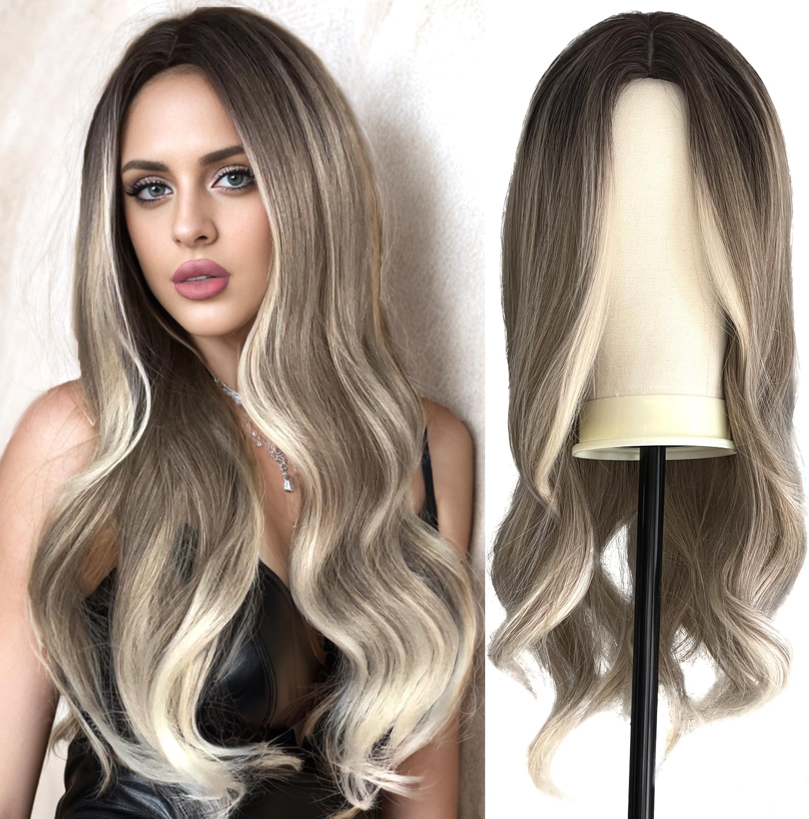 Amazon.com : Uhi Brown Wig With Bangs Long Wavy Brown Mixed Blonde ...