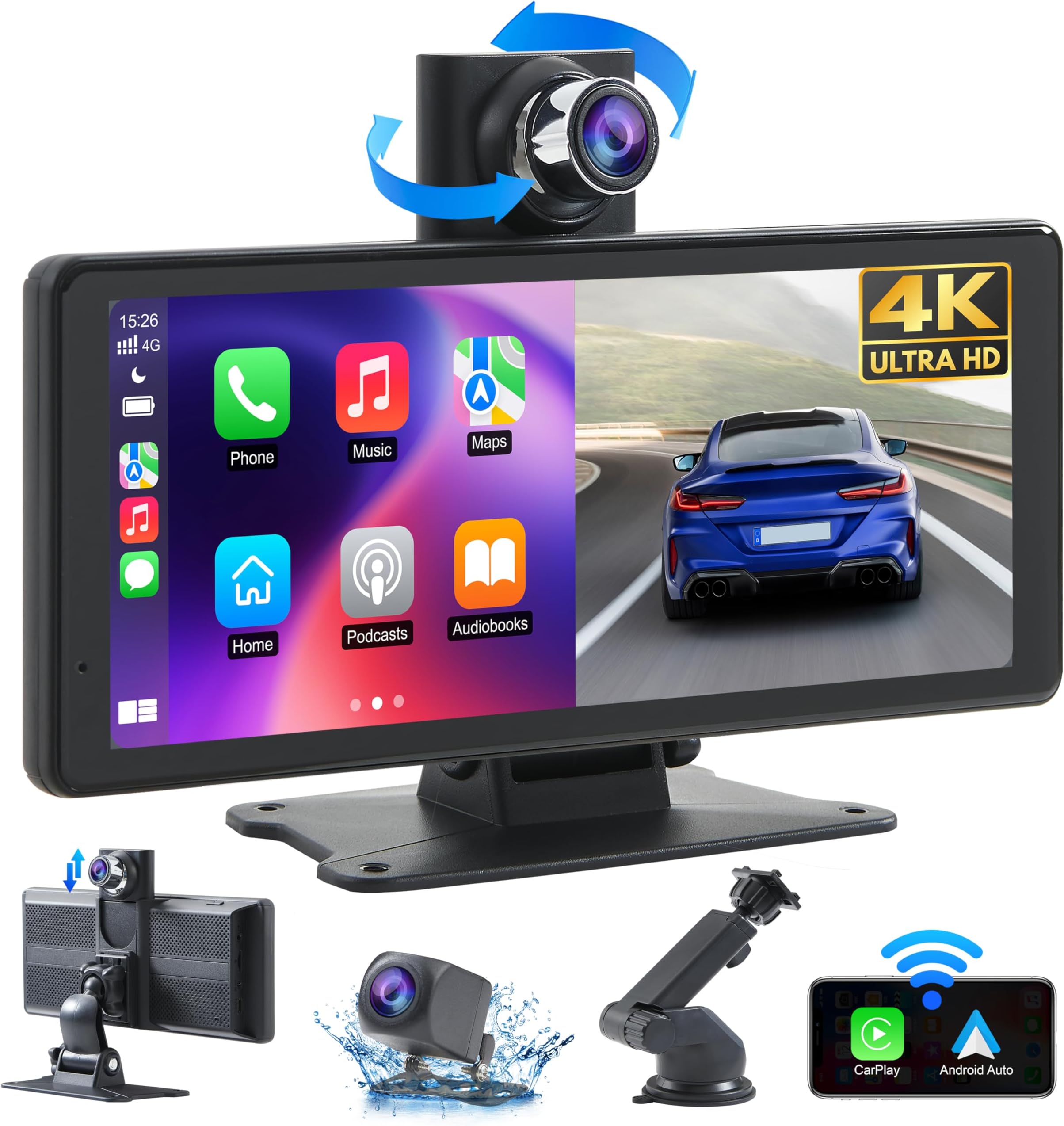 Amazon.com: Wireless Car Stereo Carplay Screen with 4K Dash Cam, 8.1 ...