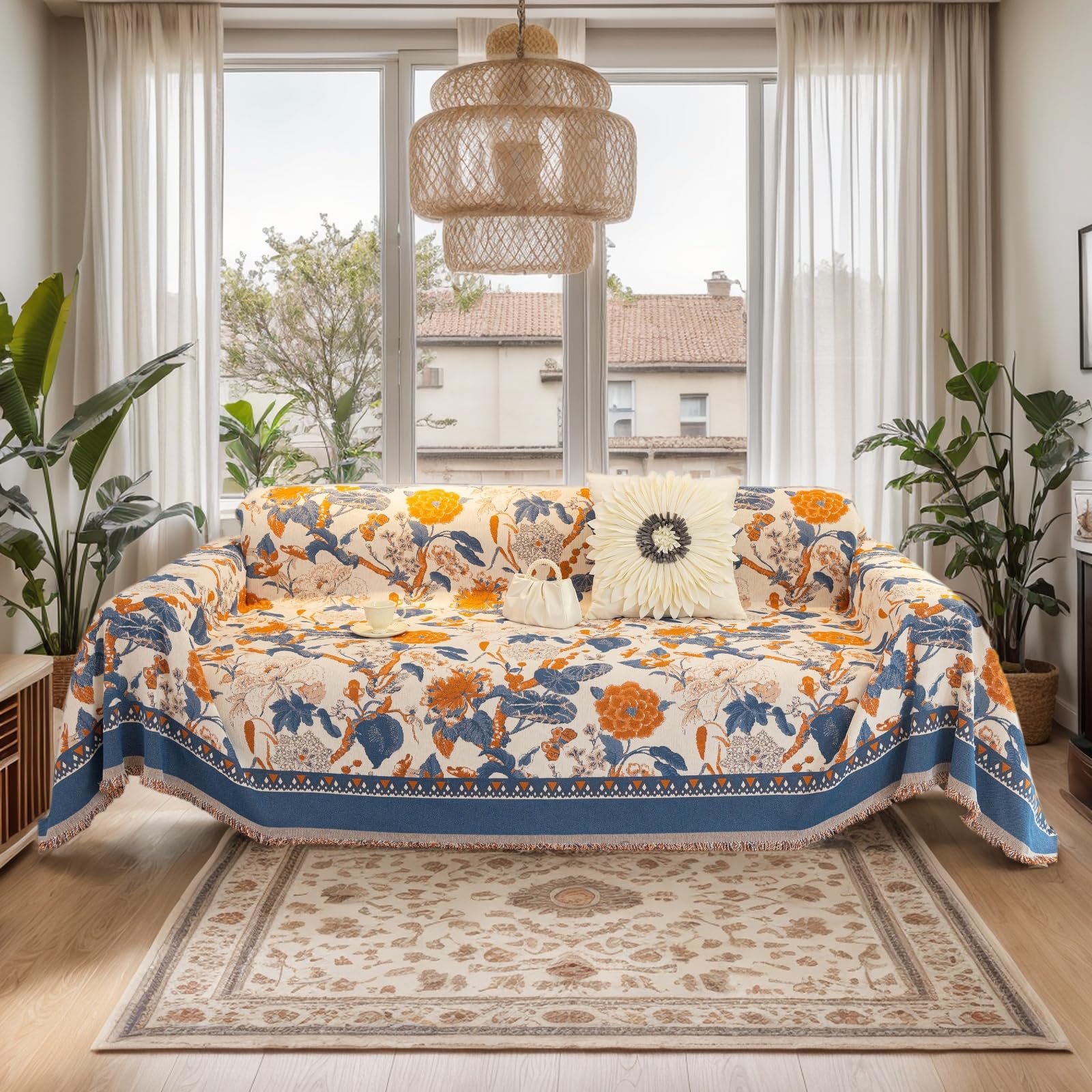 Amazon.com: DREAMINGO Blue Orange Floral Couch Cover Jacquard Chenille ...