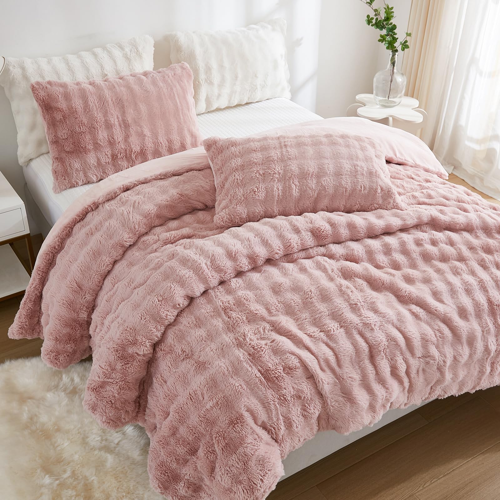 Amazon.com: Bedbay Fluffy Duvet Cover Queen Size,Pink Faux Fur Bedding ...