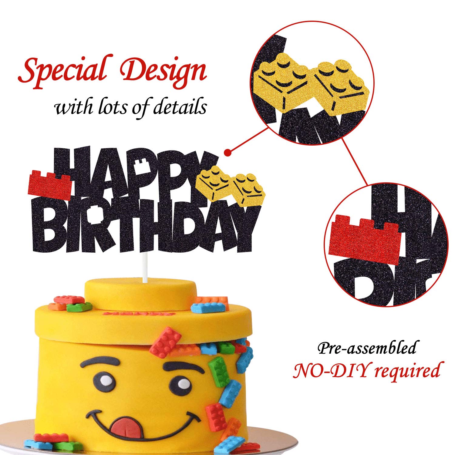 Snapklik.com : Building Blocks Cake Topper Glitter Happy Birthday Cake ...