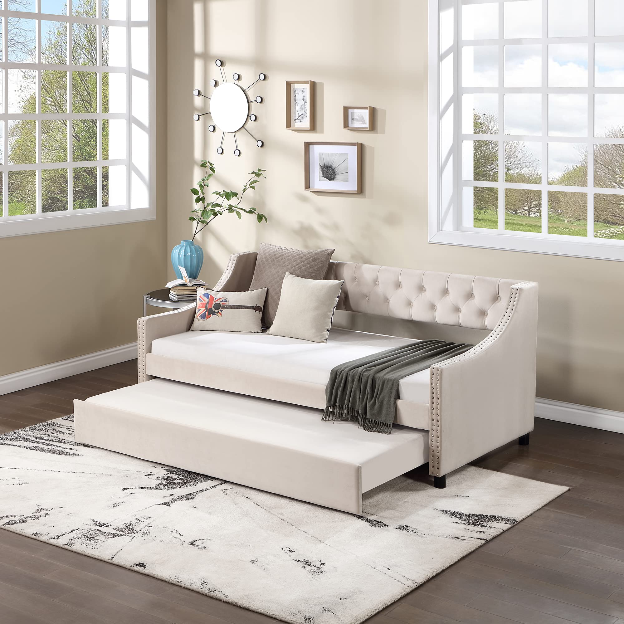 Amazon.com: HomSof Twin Size Upholstered Daybed with Trundle, Sturdy ...