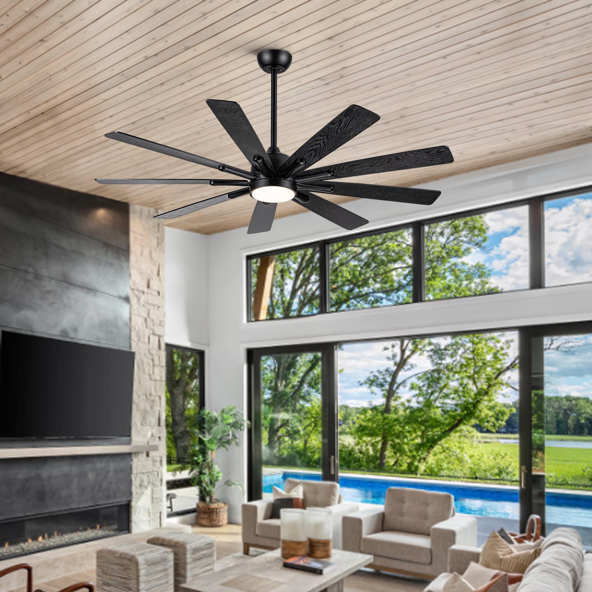 62 Inch Ceiling Fan with Lights Remote Control, Black, 9 Blades, Fans ...