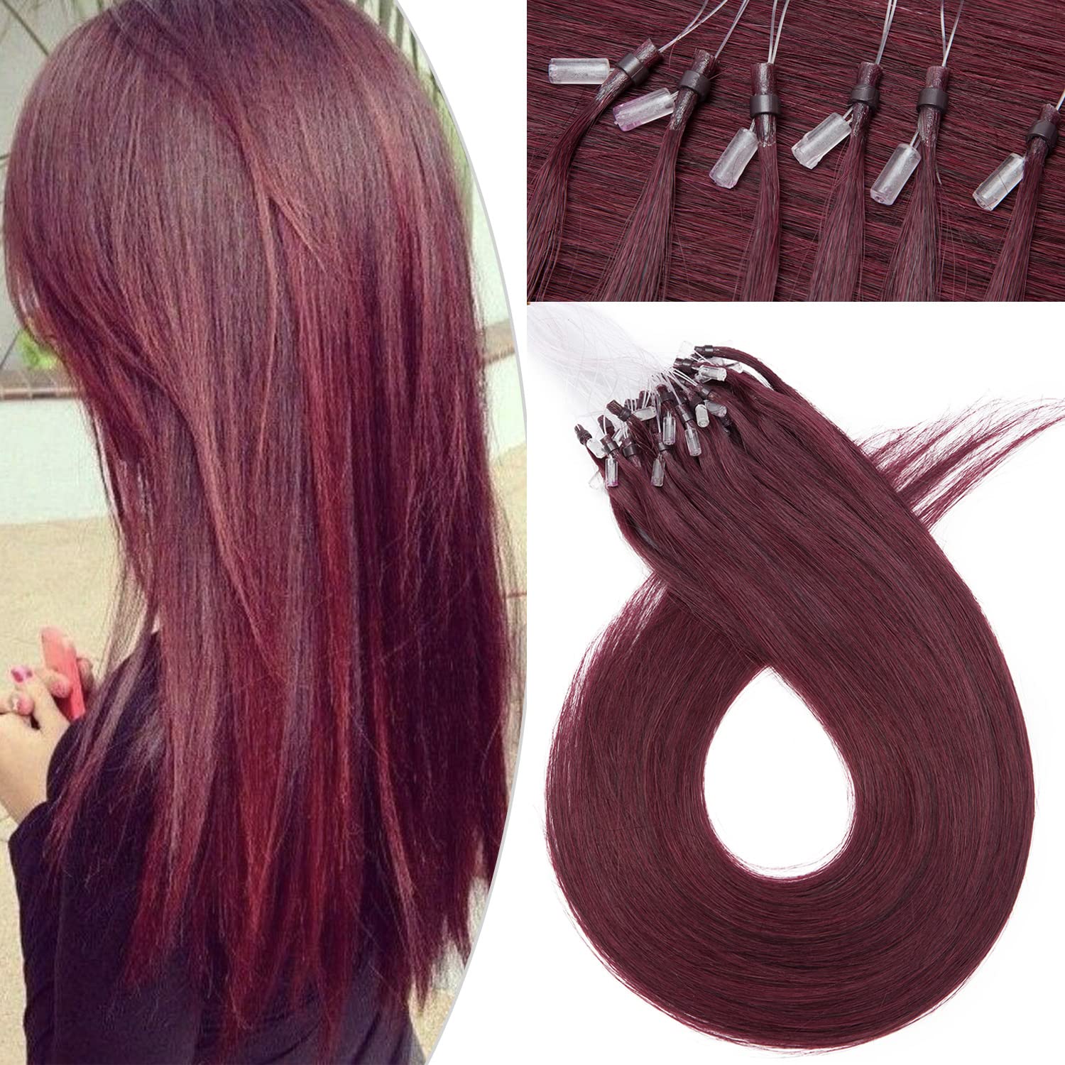 Amazon.com : S-noilite Microlinks Hair Extensions Human Hair Burgundy ...