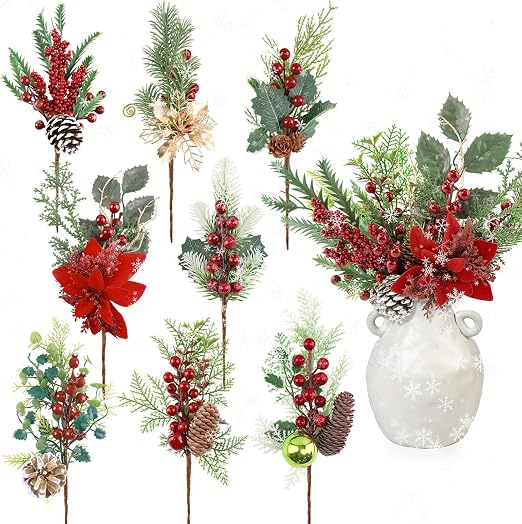 Amazon.com: Lukinuo Large Assorted Red Berry Picks Stem 8pcs Artificial ...