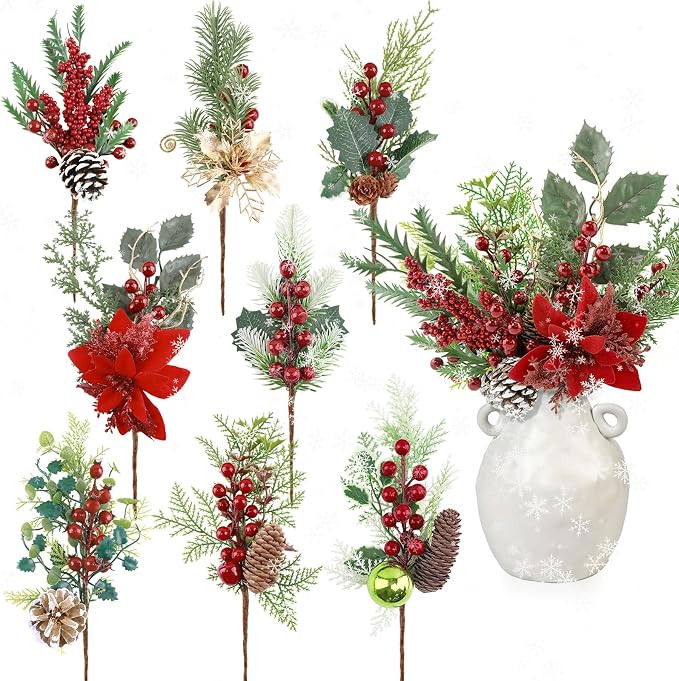 Amazon.com: Lukinuo Large Assorted Red Berry Picks Stem 8pcs Artificial ...