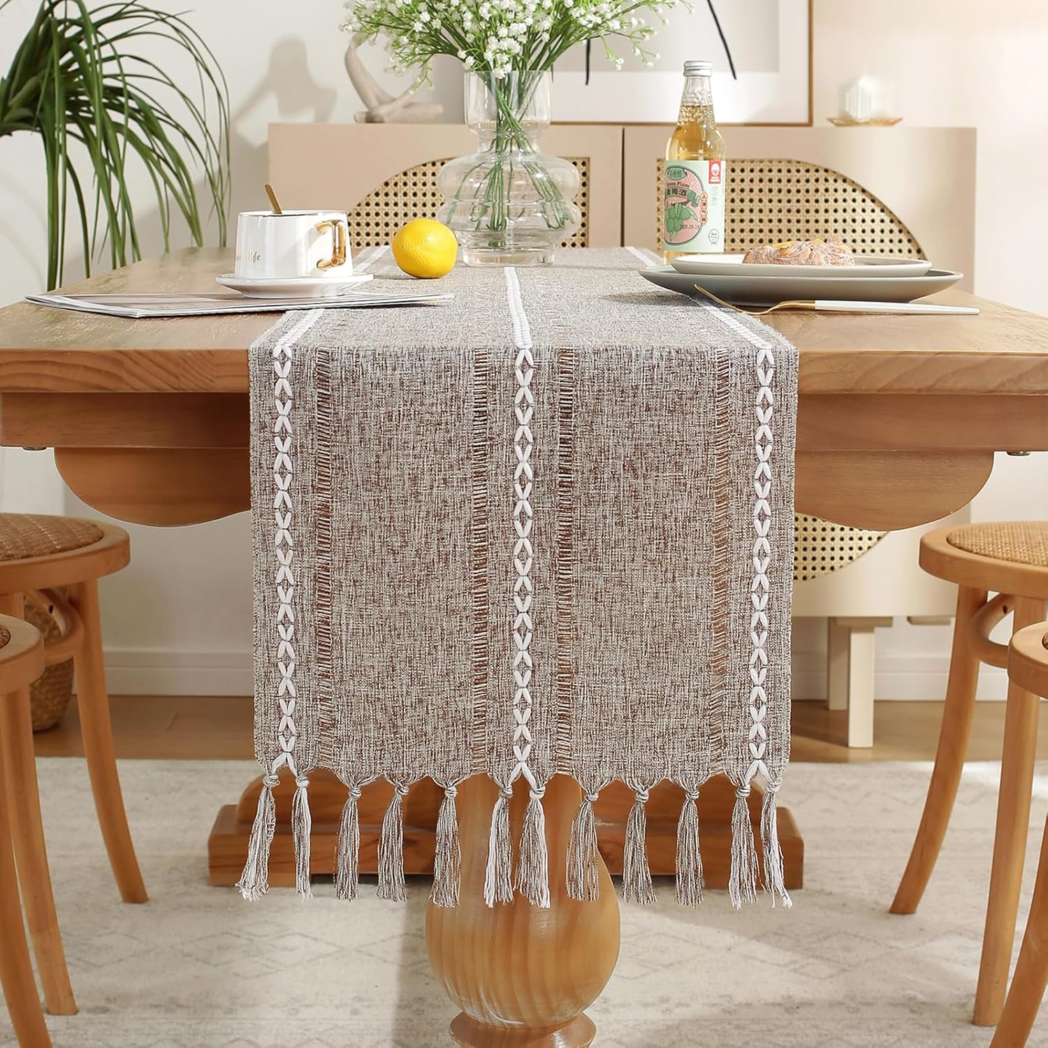 Amazon.com: Laolitou Rustic Table Runner with Tassels, Cotton Linen ...