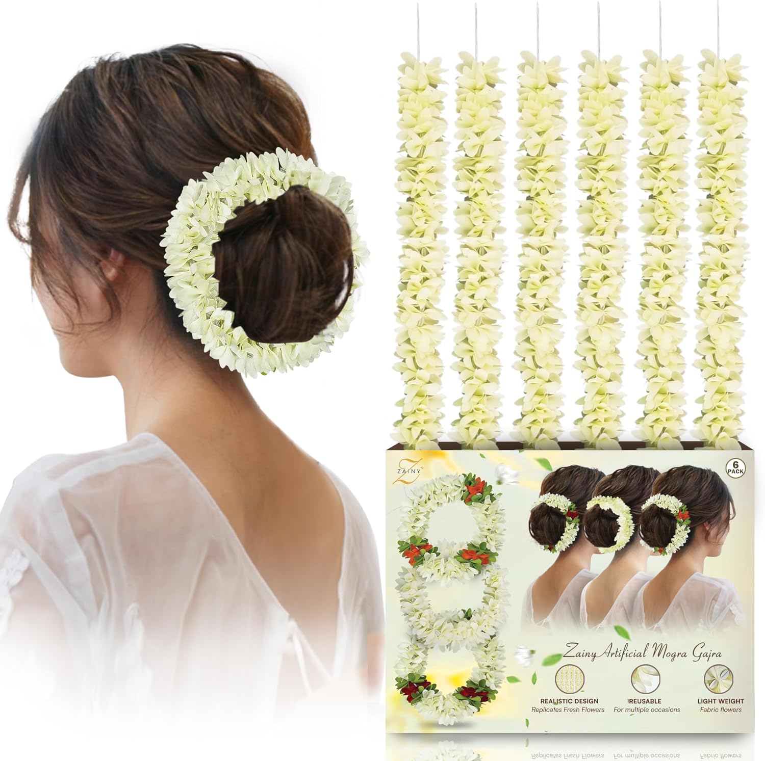 ZAINY 6 Pack Mogra Gajra for Hair, Artificial Jasmine Flowers for Women ...