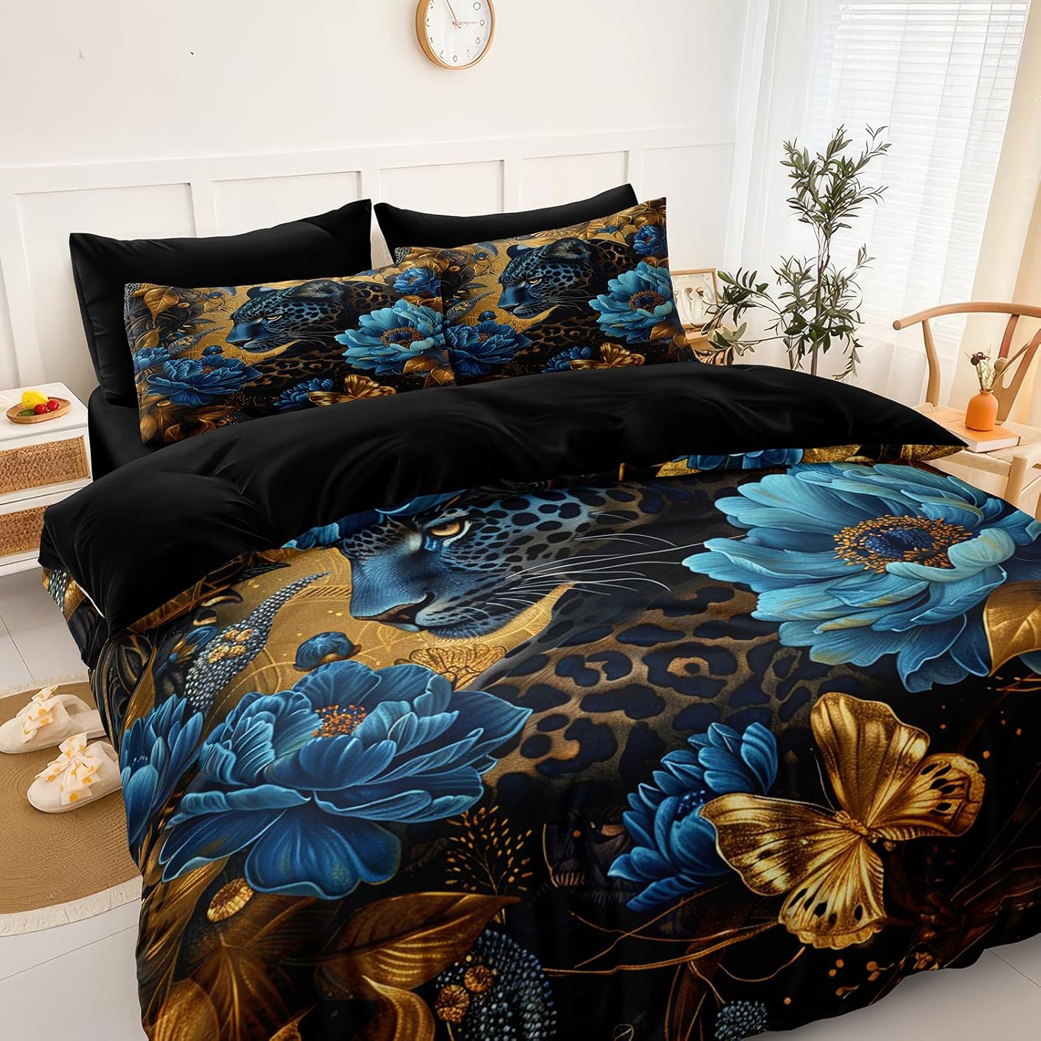 Amazon.com: Black Gold Comforter Set Leopard Animal Bedding Set Blue ...