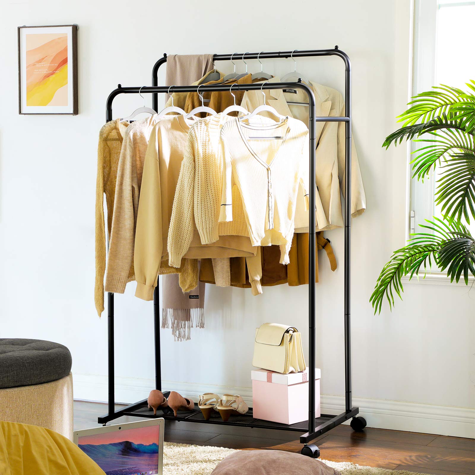 SONGMICS Double-Rail Clothing Rack on Wheels, Metal Garment Rack with ...