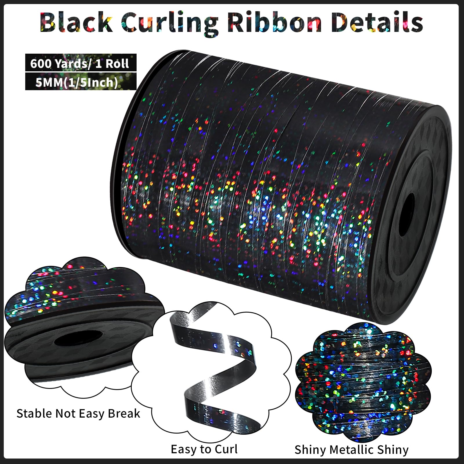 Snapklik.com : Black Curling Ribbon 1/5 Inch 600 Yards Thin Black Shiny ...