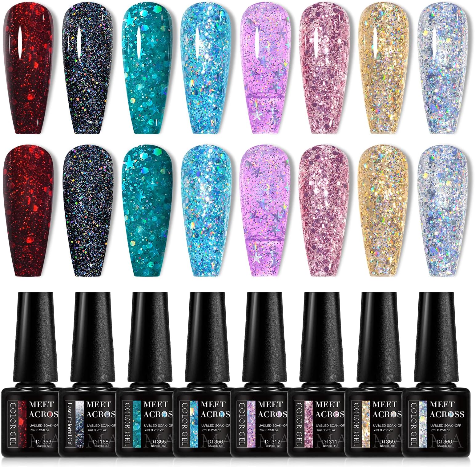 Amazon.com: MEET ACROSS 8 Colors Glitter Gel Nail Polish Sparkly Shiny ...