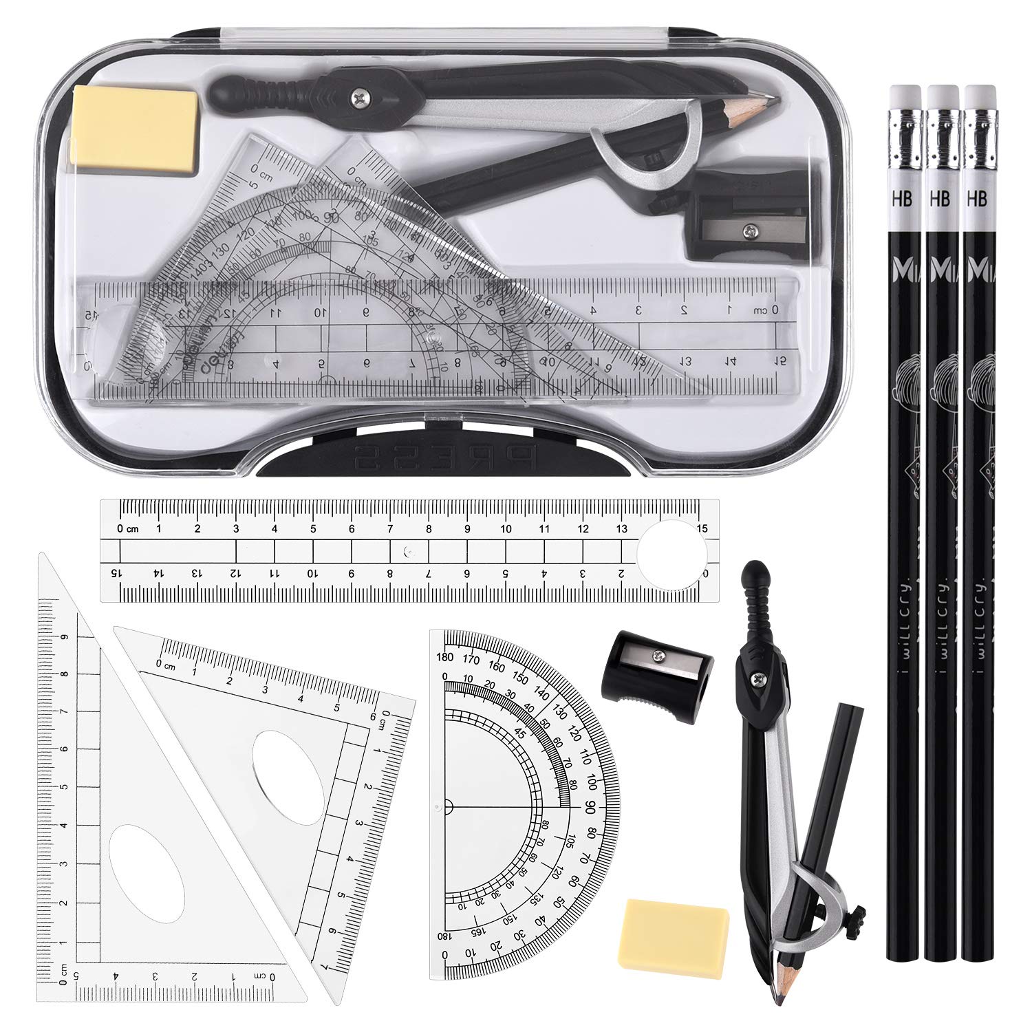 Buy FEPITO 11 Pcs Math Geometry Compass Set Student Maths Protractor ...