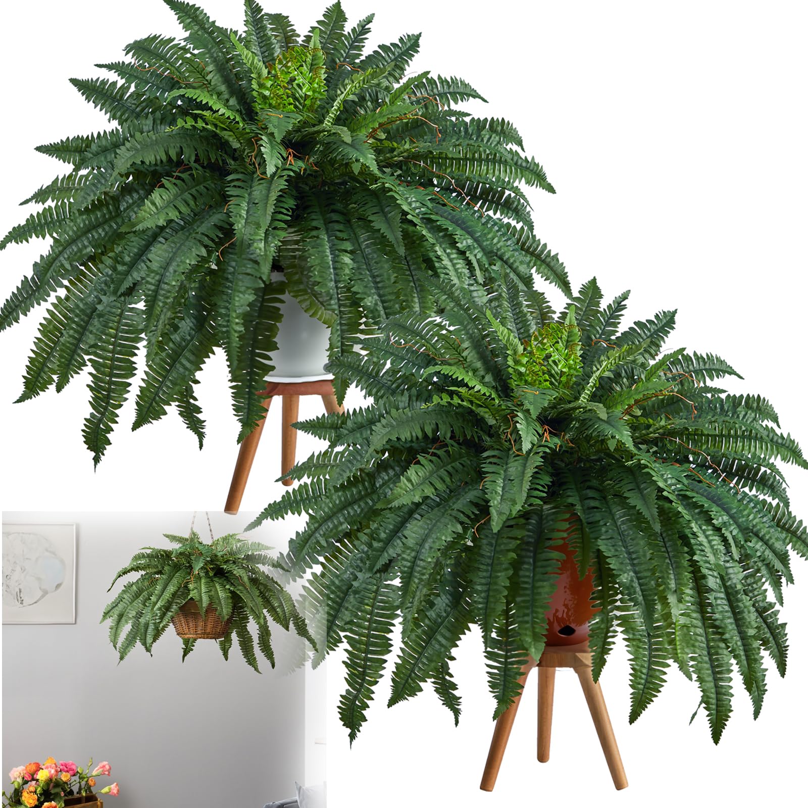2 Pcs Faux Fern 30 Branches Artificial Boston Fern 26 Inch Hanging ...