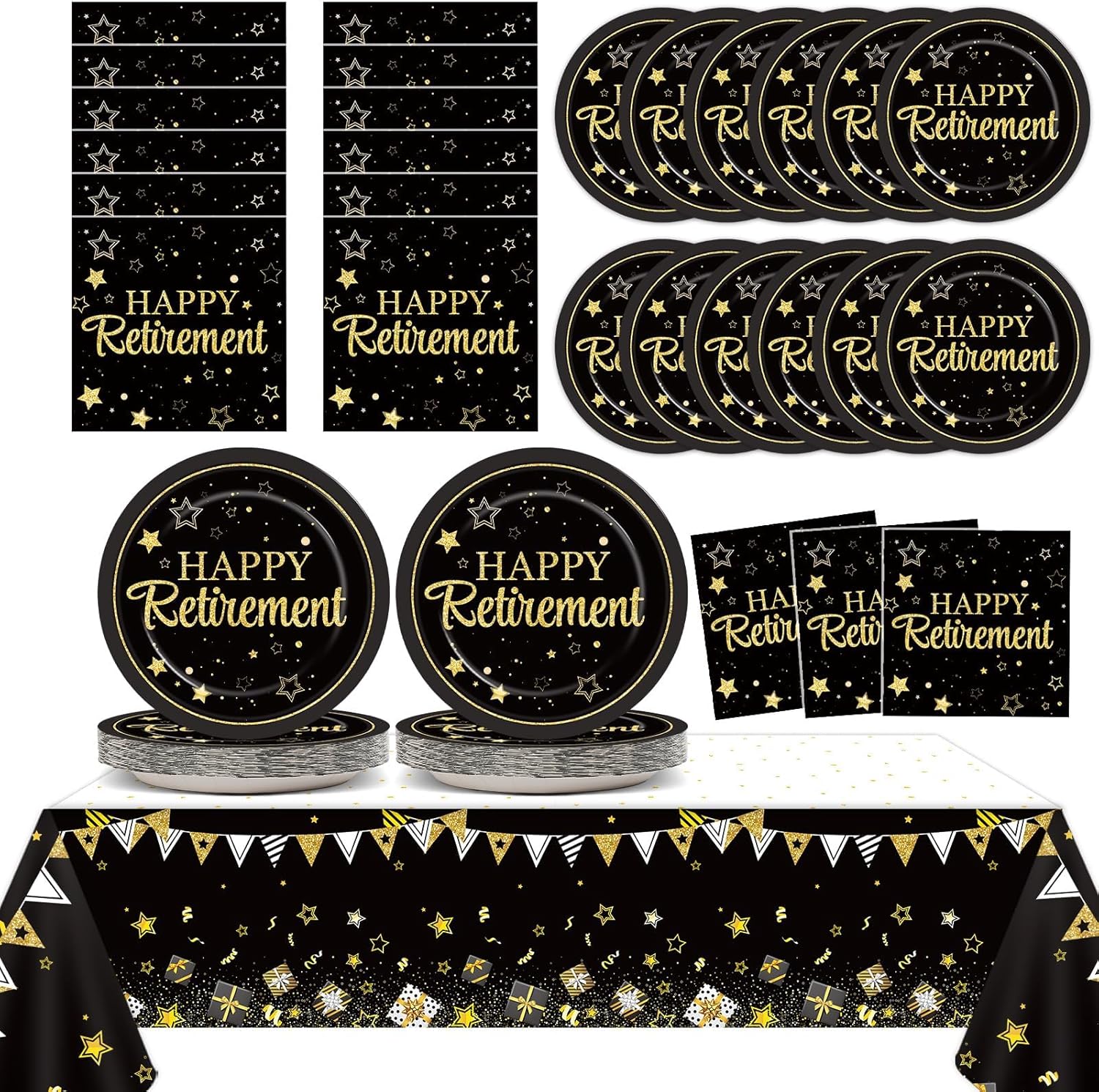Amazon.com: Happy Retirement Party Supplies Serves 24 Black and Gold ...