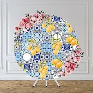 Amazon.com : CHNYWORK 5x5ft Blue Tiles Lemon Round Backdrop Cover ...