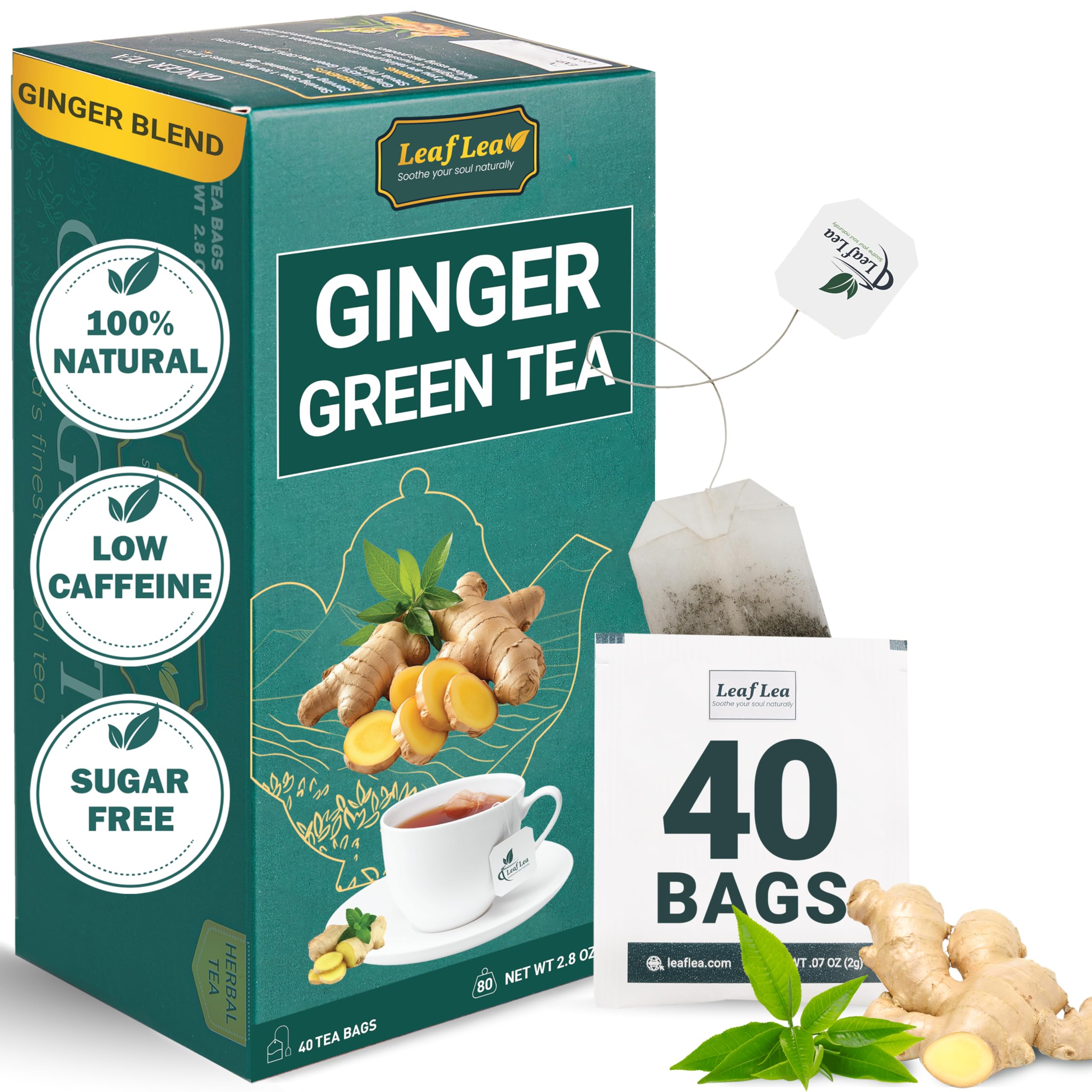 Amazon.com : LeafLea Ginger Green Tea Bags Blend, Green Tea with Ginger ...