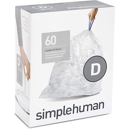 simplehuman CW0278 code D Custom Fit Bin Liner Bulk Pack, Clear Plastic (3 Pack of 20, Total 60 ...