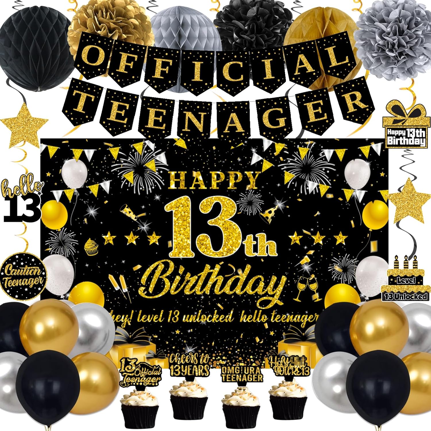 Amazon.com: 13th Birthday Decorations for Boys Girls, Black Gold ...