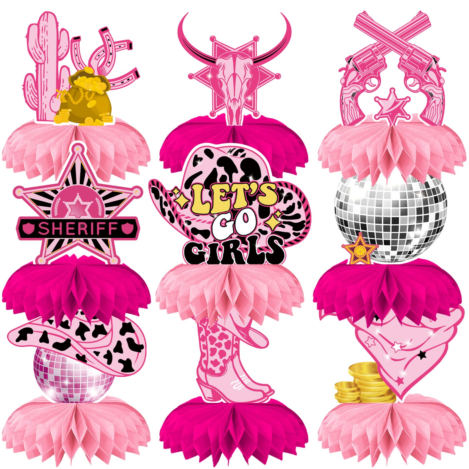 Qpout 9pcs Pink Cowgirl Honeycomb Centerpieces 3D Double Side Disco ...
