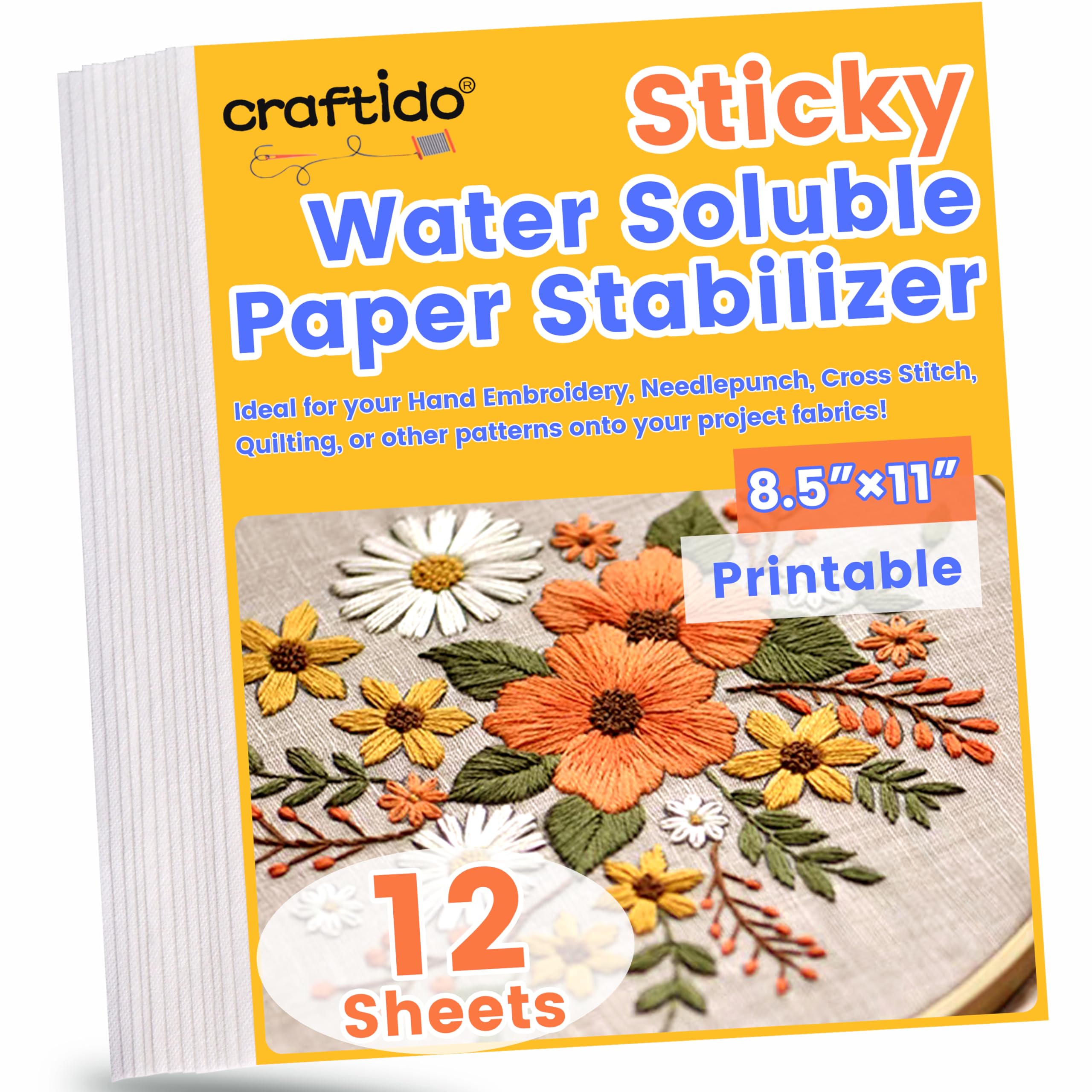 Amazon.com: Craftido 8.5"x11" 12PCS Sticky Water Soluble Embroidery Stabilizer Printable ...
