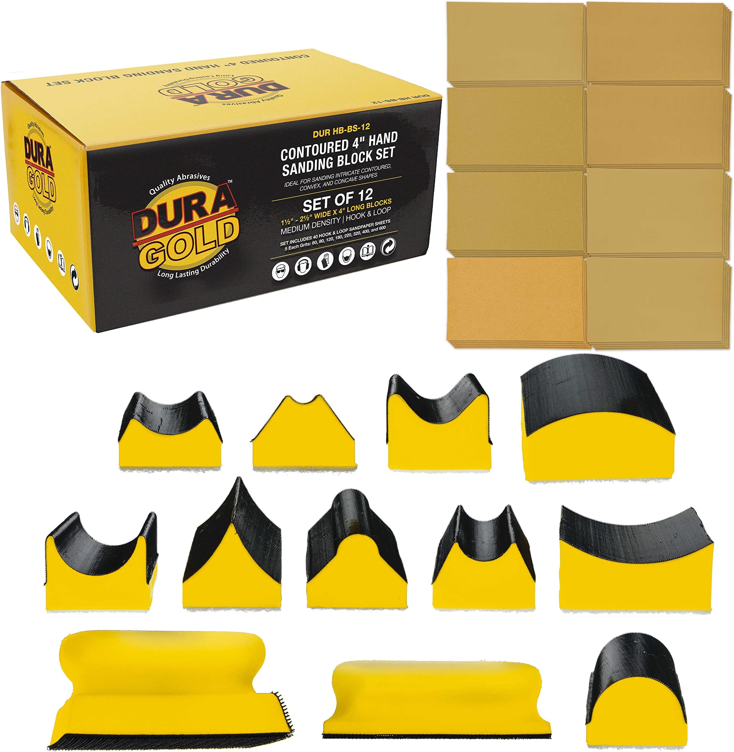 Dura-Gold Micro Hand Sanding Block Kit, 3.5” x 1” Pad, Hook & Loop ...