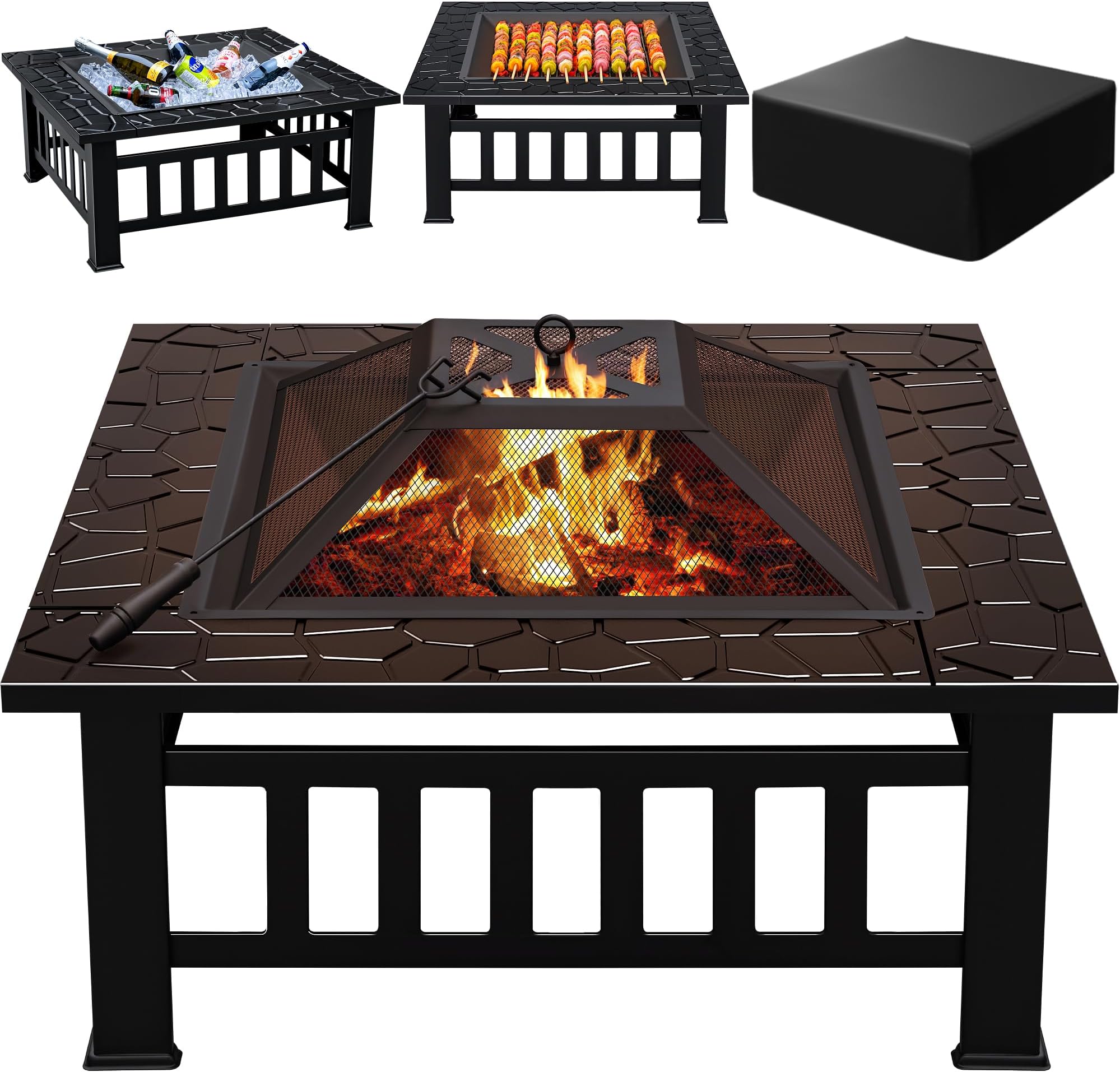 Amazon.com : FCH 32" Outdoor Square Fire Pit with BBQ Rack, Rain Cover ...
