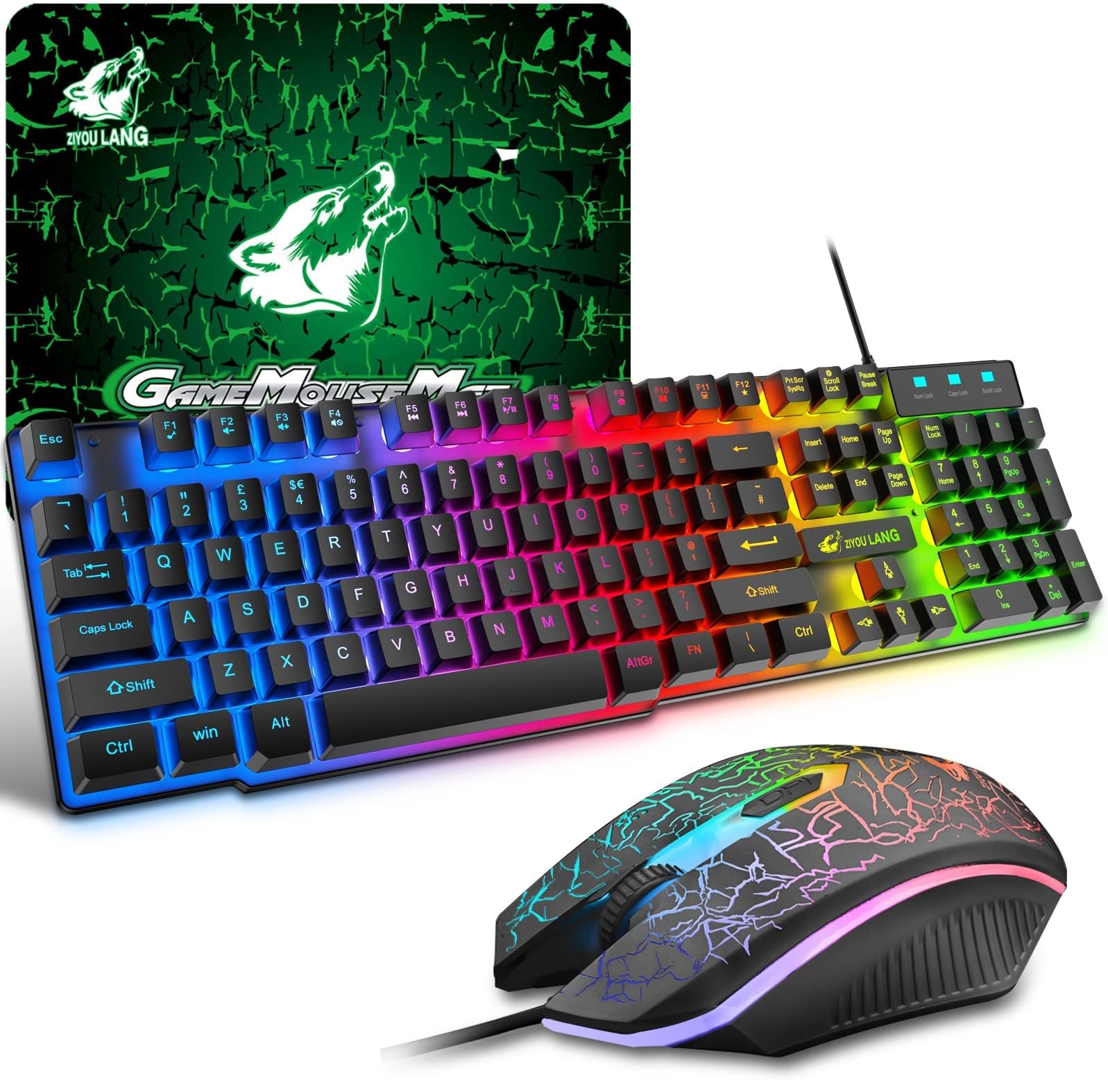 Gaming Keyboard and Mouse Set, 104 Keys UK Layout QWERTY Rainbow ...