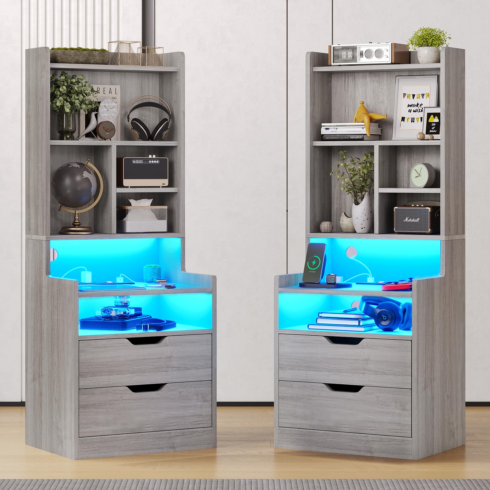 Amazon.com: BTHFST Tall Nightstand Set of 2, LED Nightstand with ...