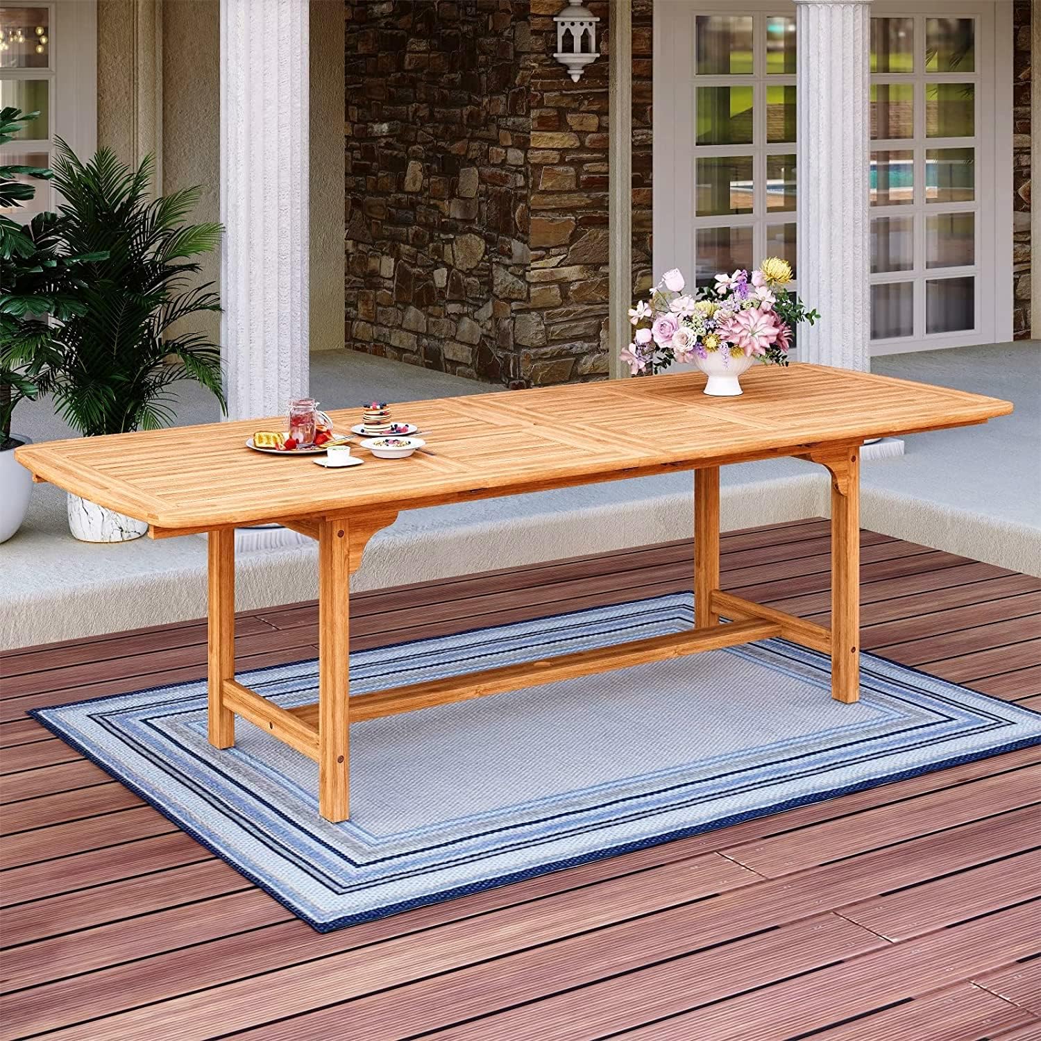 Amazon.com : MFSTUDIO Extendable Acacia Wood Patio Dining Table, All ...