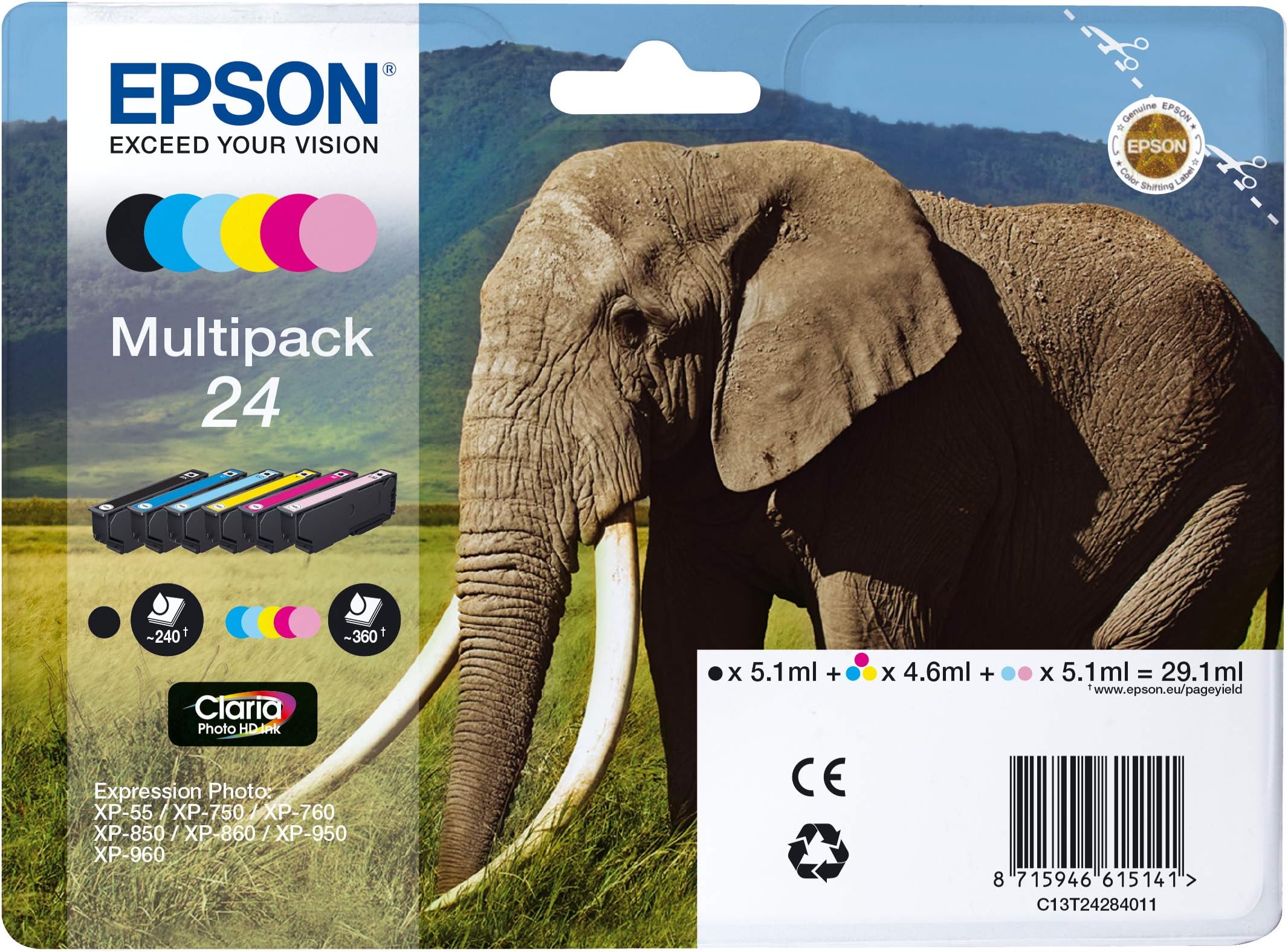 Epson 24 Elephant Genuine Multipack, 6-colours Claria Photo HD Ink ...