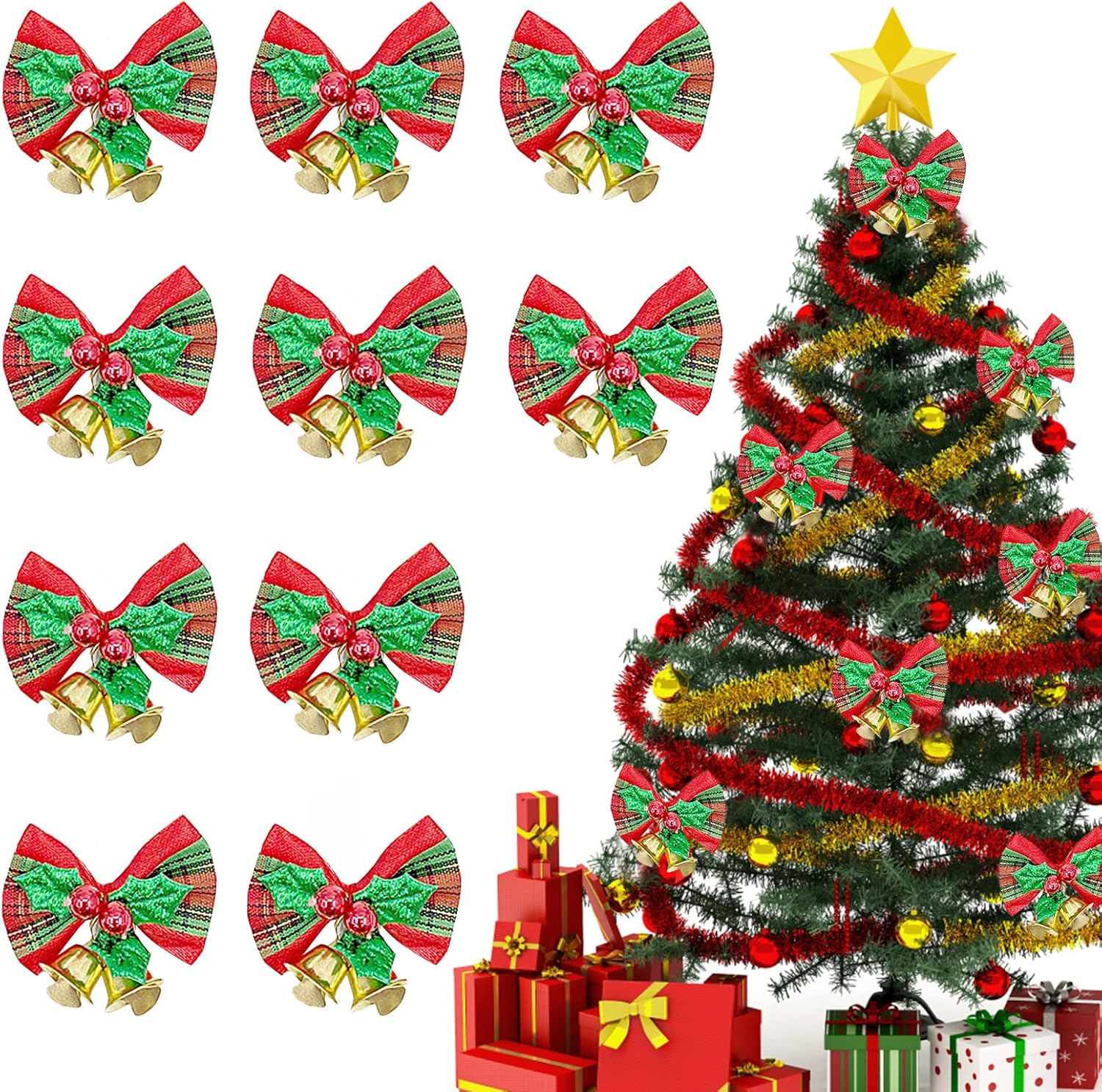 Amazon.com: inheming 10 PCS Mini Christmas Bows with Bell, Red and ...