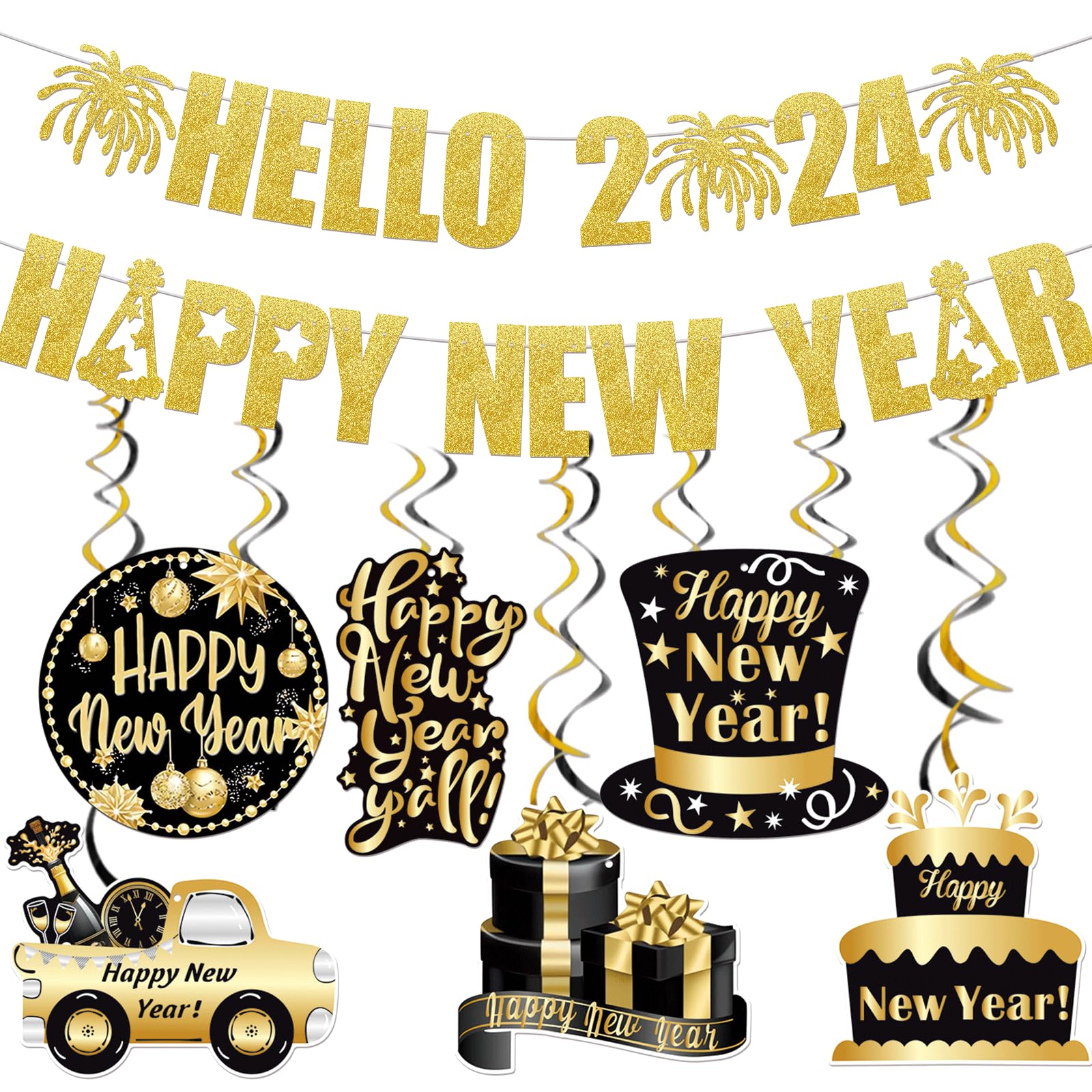 Amazon.com: Gold Glitter Hello 2024 Happy New Year Banner New Years Eve ...