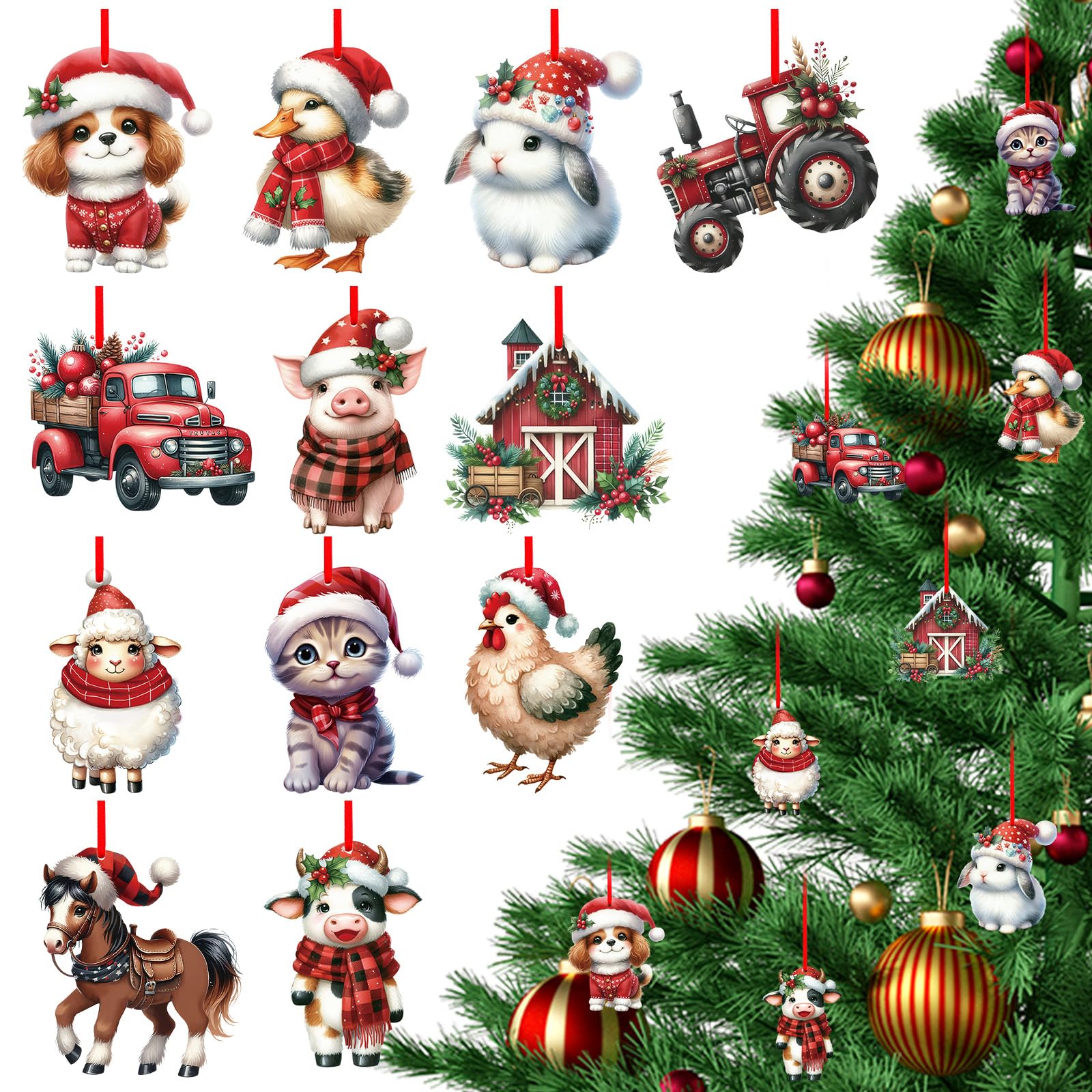 Amazon.com: FLYAB Farm Animal Christmas Ornaments - 12Pcs Wooden Rustic ...