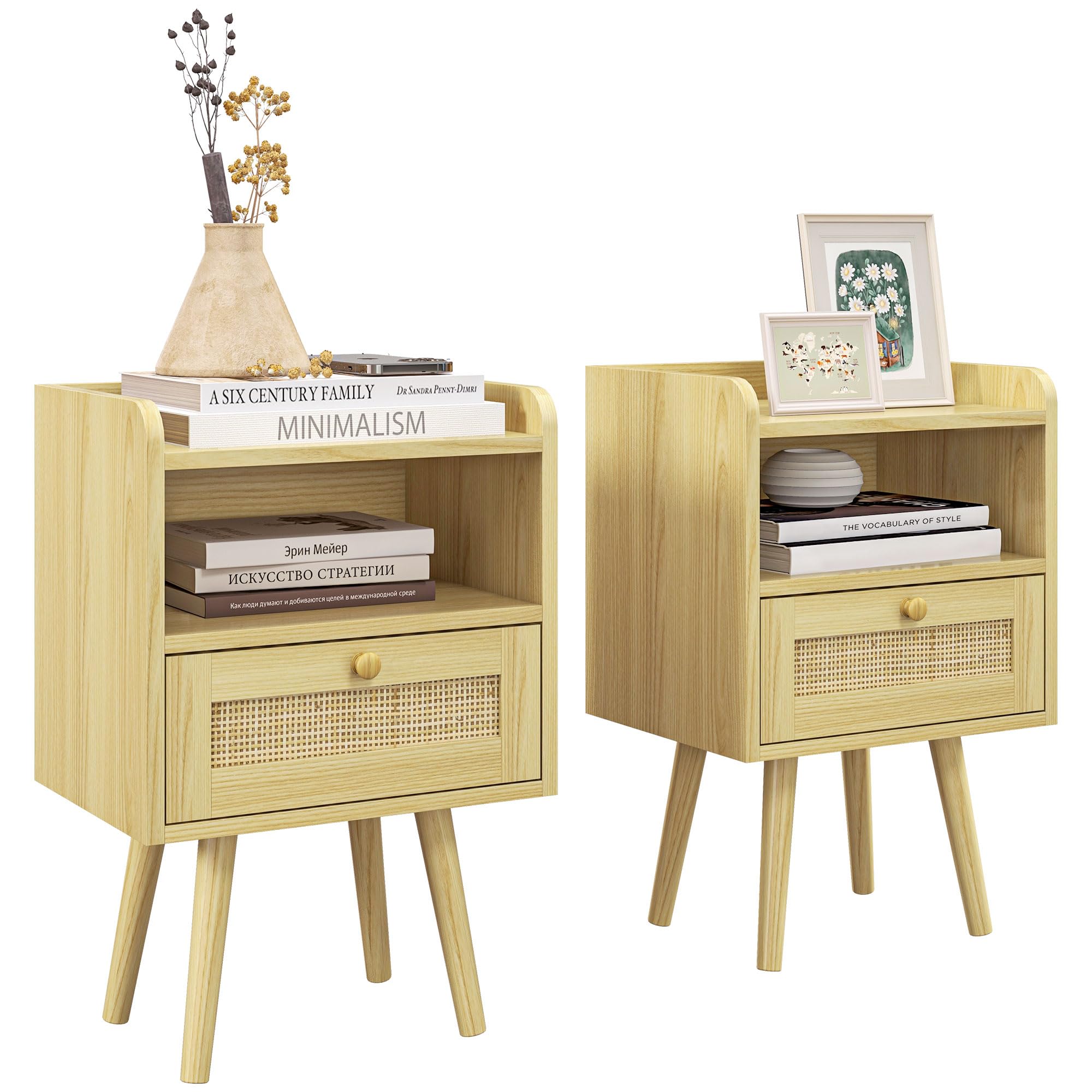 HOMCOM Bedside Tables Set of 2, Boho Style Side Table Set with Drawer ...