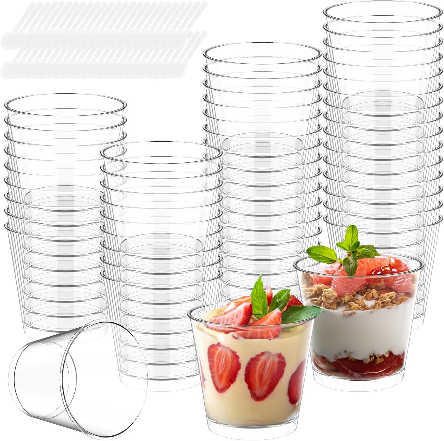 50Pcs Dessert Cups with Spoons, 200ML Round Small Reusable Serving Bowl ...