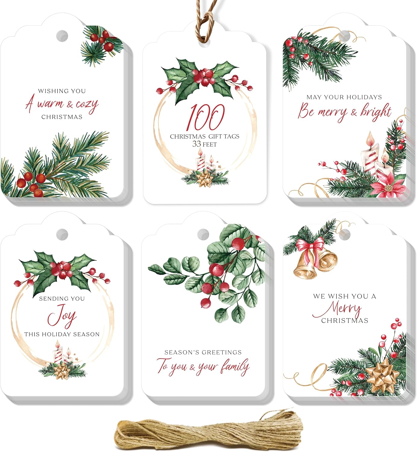 Amazon.com: 100 PCS Christmas Gift Tags, Gift Wrap Tags with 33 Feet ...