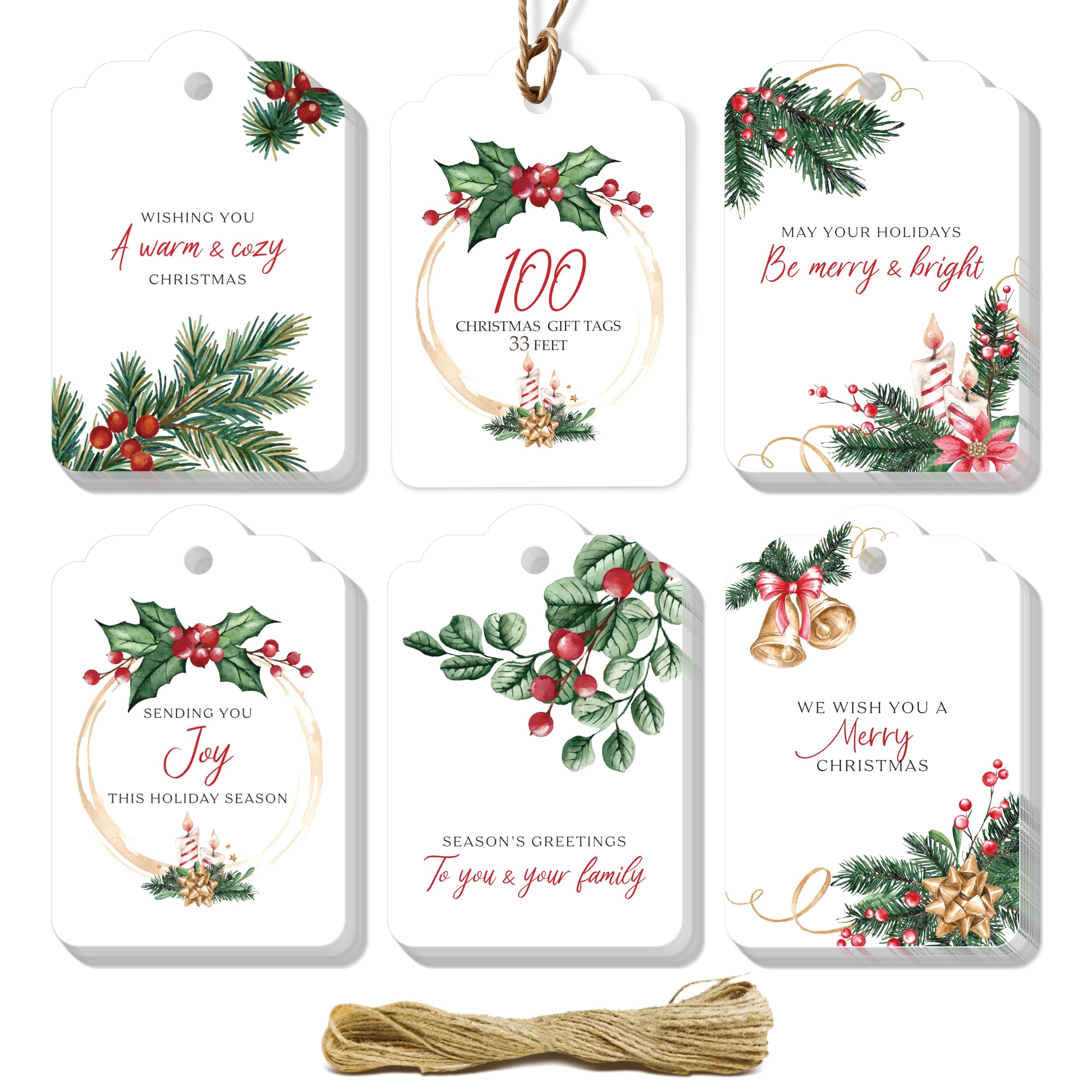 Amazon.com : 100 PCS Christmas Gift Tags, Gift Wrap Tags with 33 Feet ...