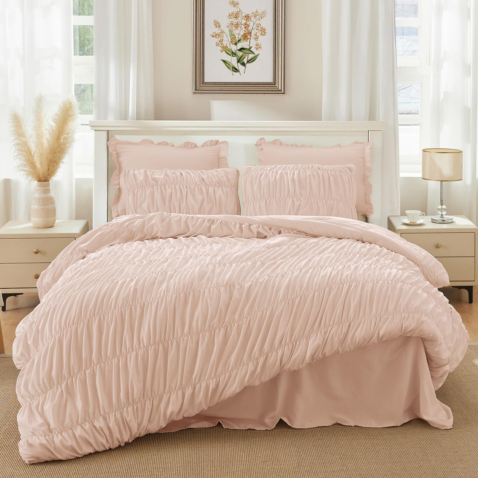Amazon.com: CAPALOCA Pink Comforter Set Queen - Boho Fluffy Ruched ...