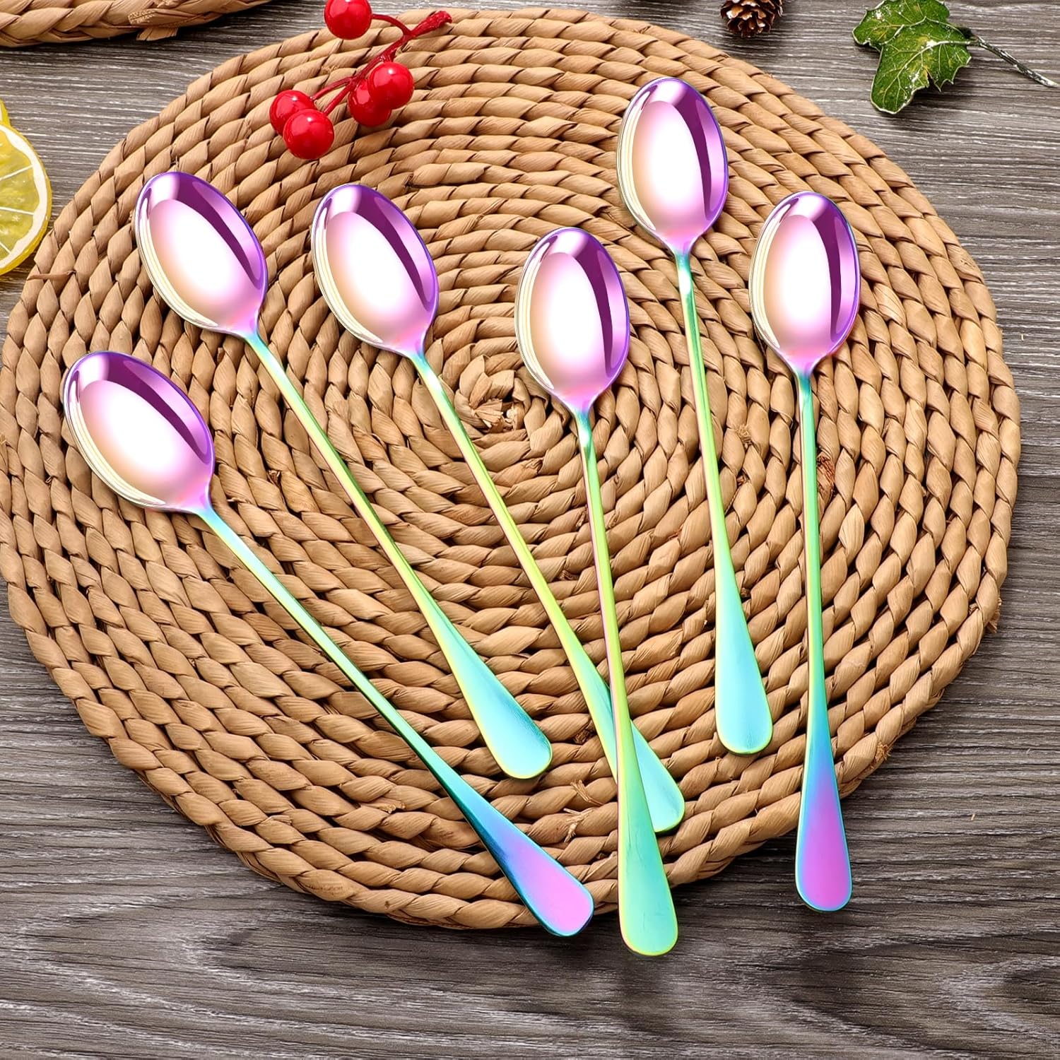 PEBBLE HUG 6 Pcs Rainbow Long Handle Latte Iced Tea Spoon, Coffee Spoon ...